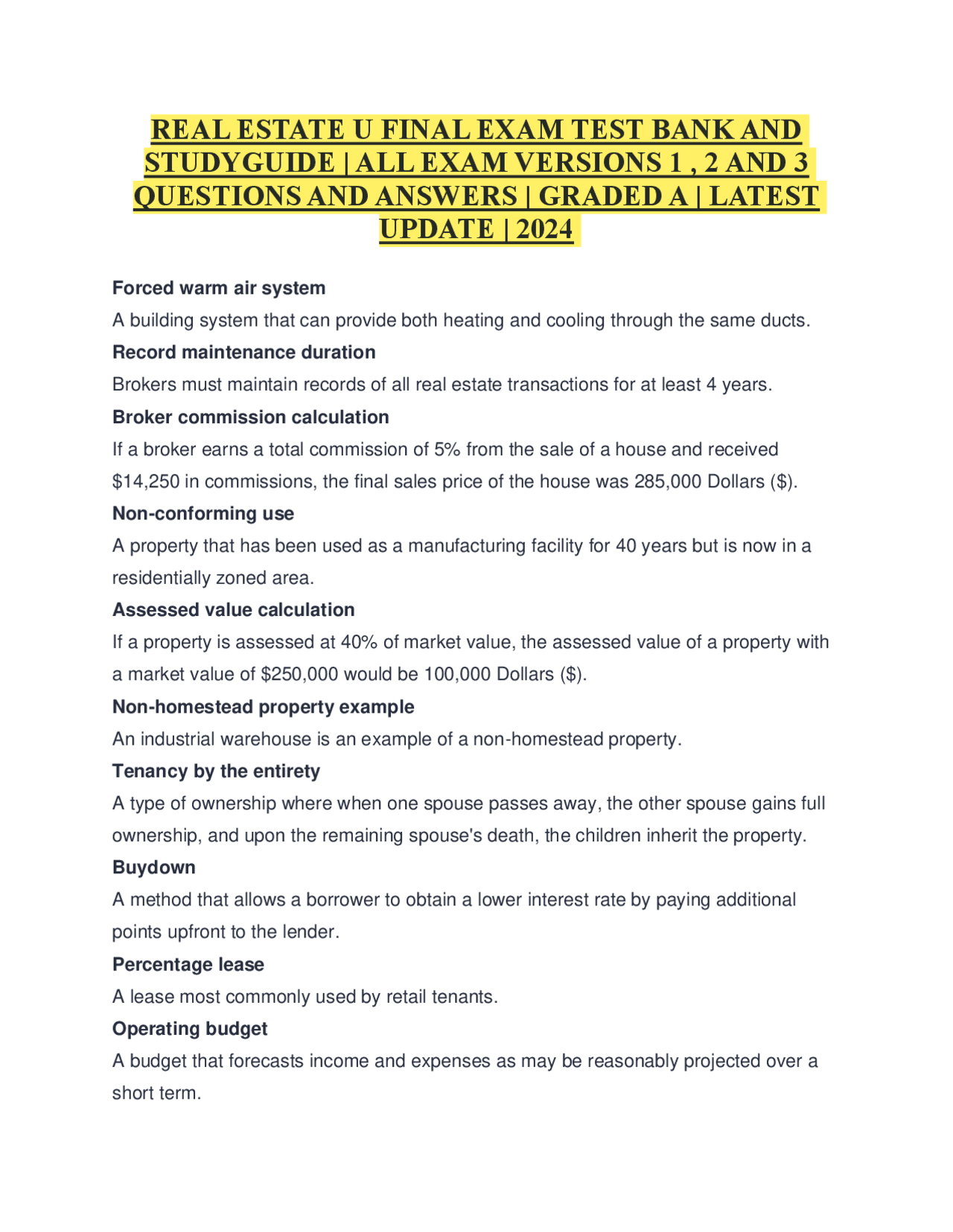 REAL ESTATE U FINAL EXAM TEST BANK AND STUDYGUIDE | ALL EXAM VERSIONS 1 ...