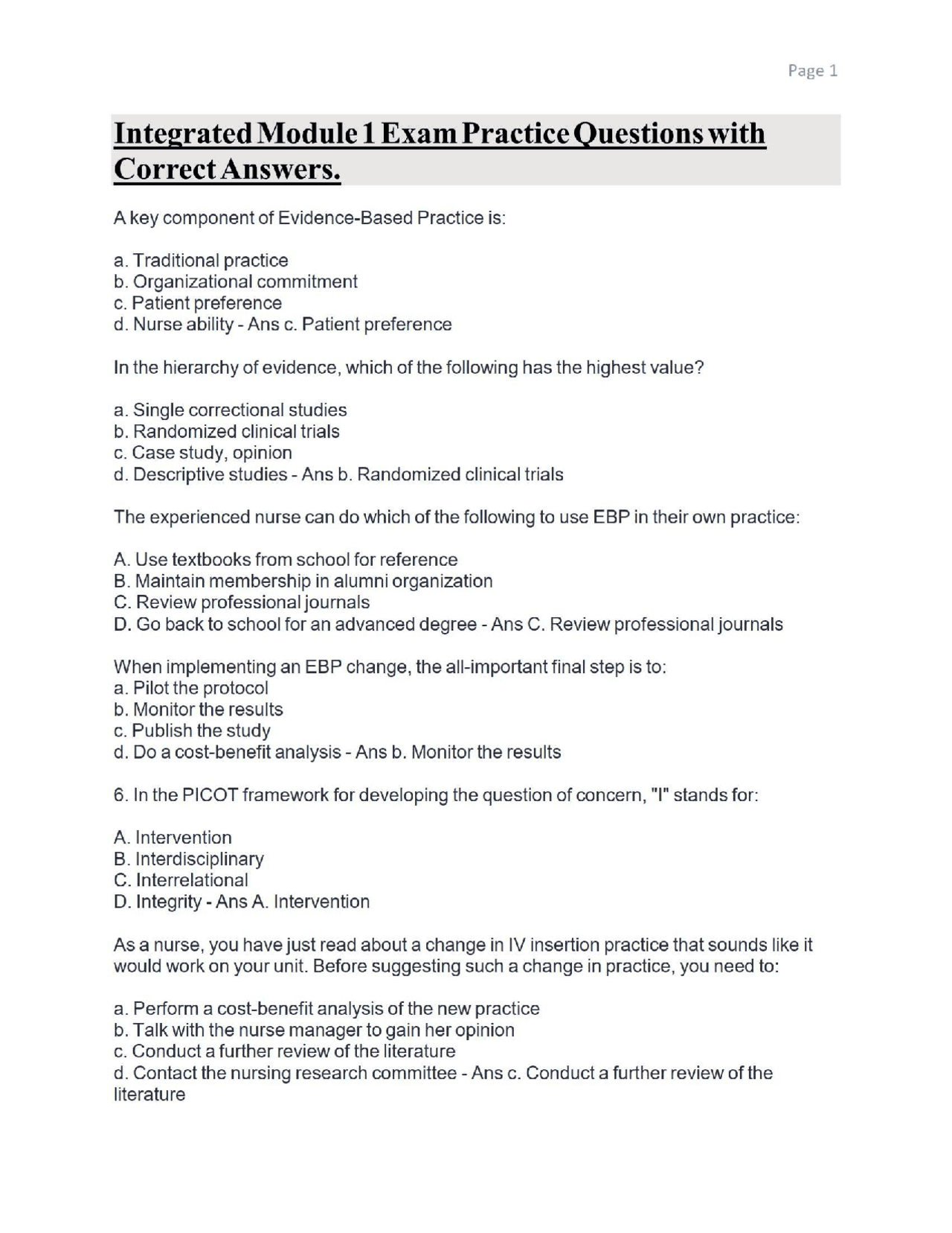 Integrated Module 1 Exam Practice Questions with Correct Answers. | Exams Integrated Case ...