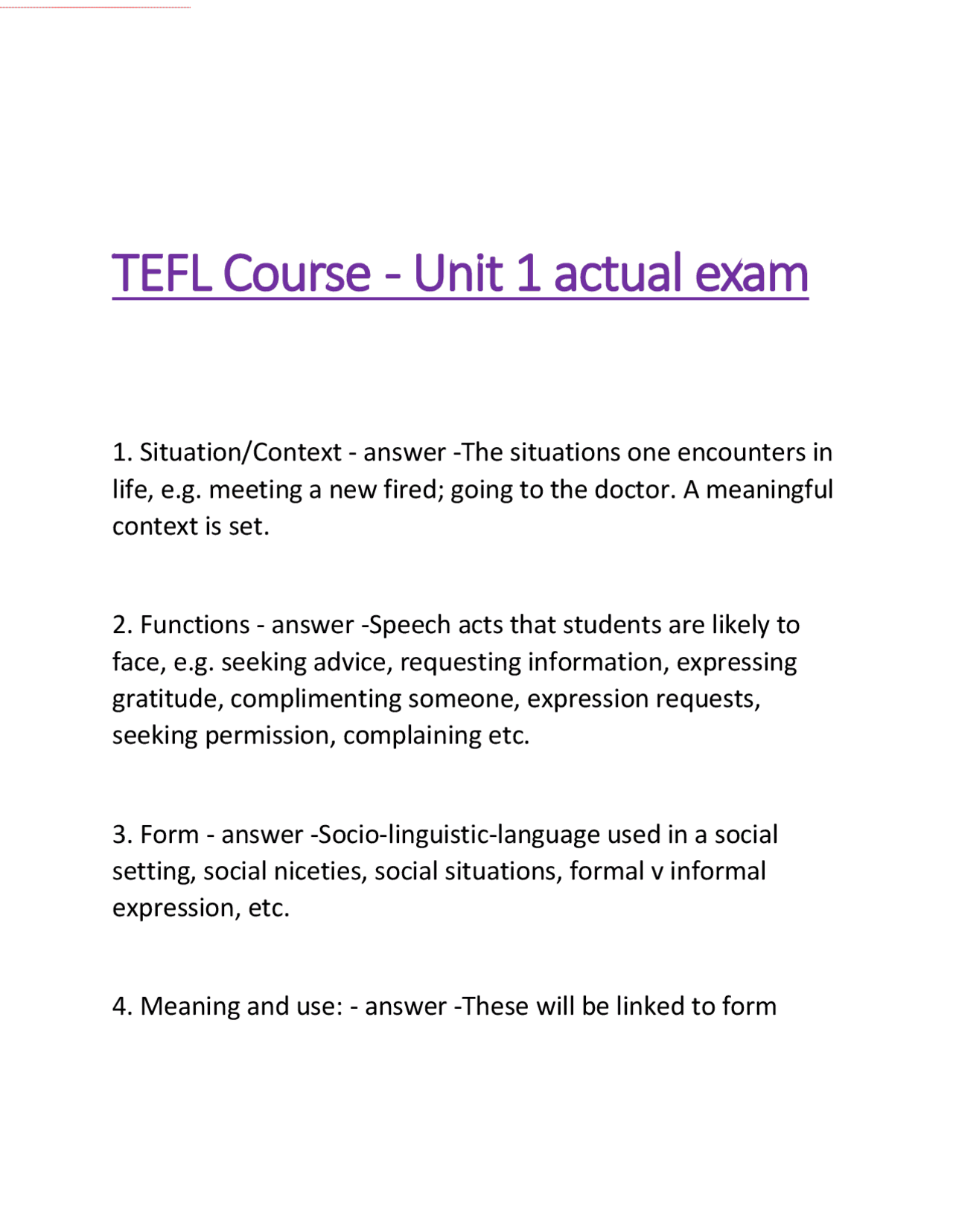 TEFL Course - Unit 1 actual exam.pdf | Exams Nursing | Docsity