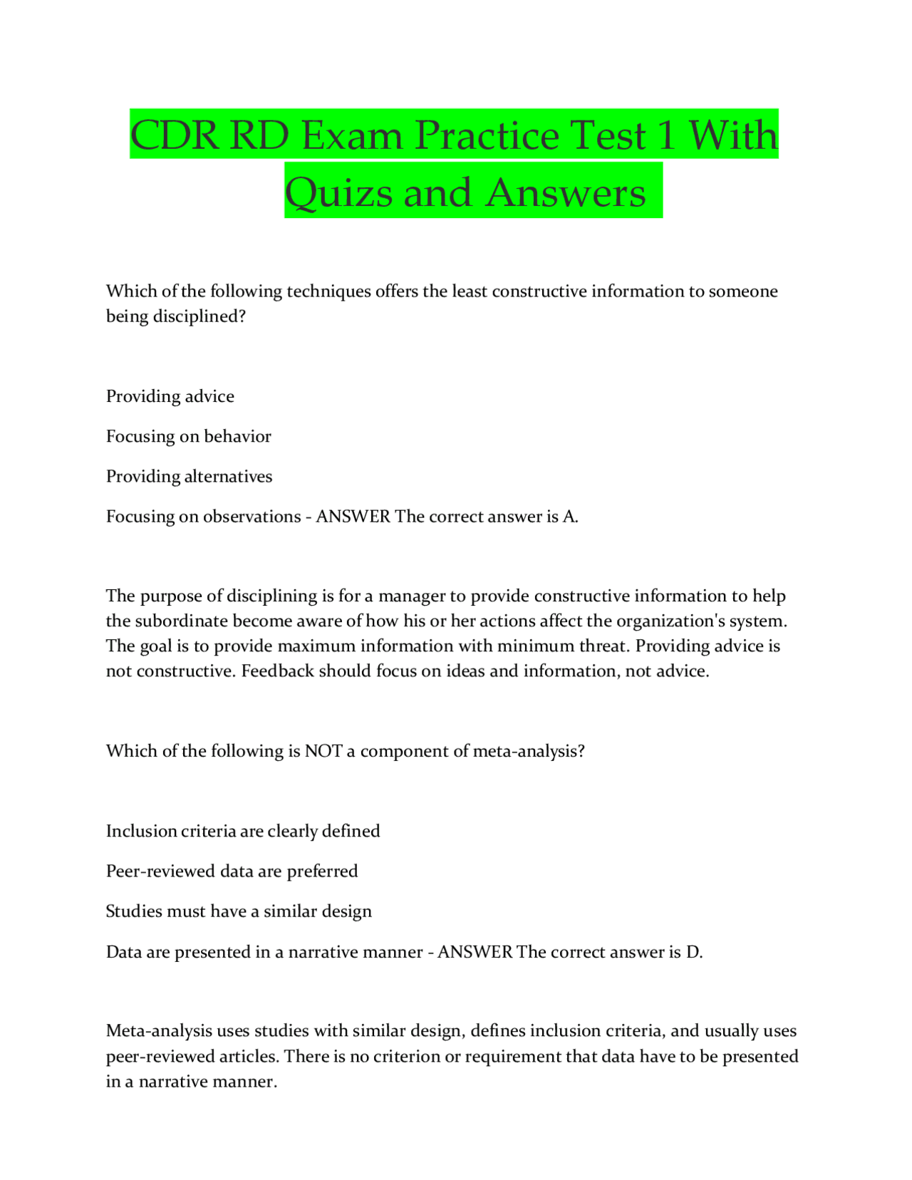 CDR RD Exam Practice Test 1 With Answers | Exams Nursing | Docsity