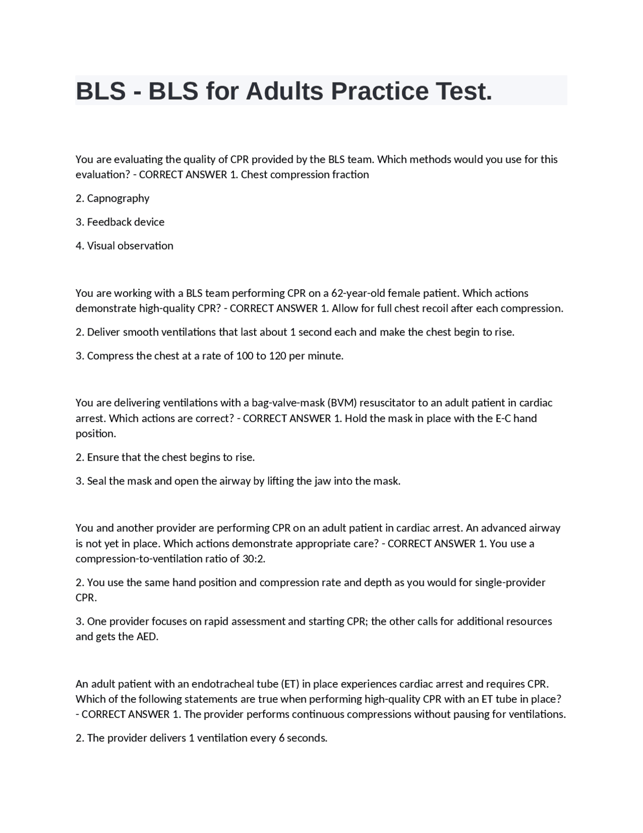 BLS CORRECTLY ANSWERED TEST QUESTIONS. | Exams Nursing | Docsity