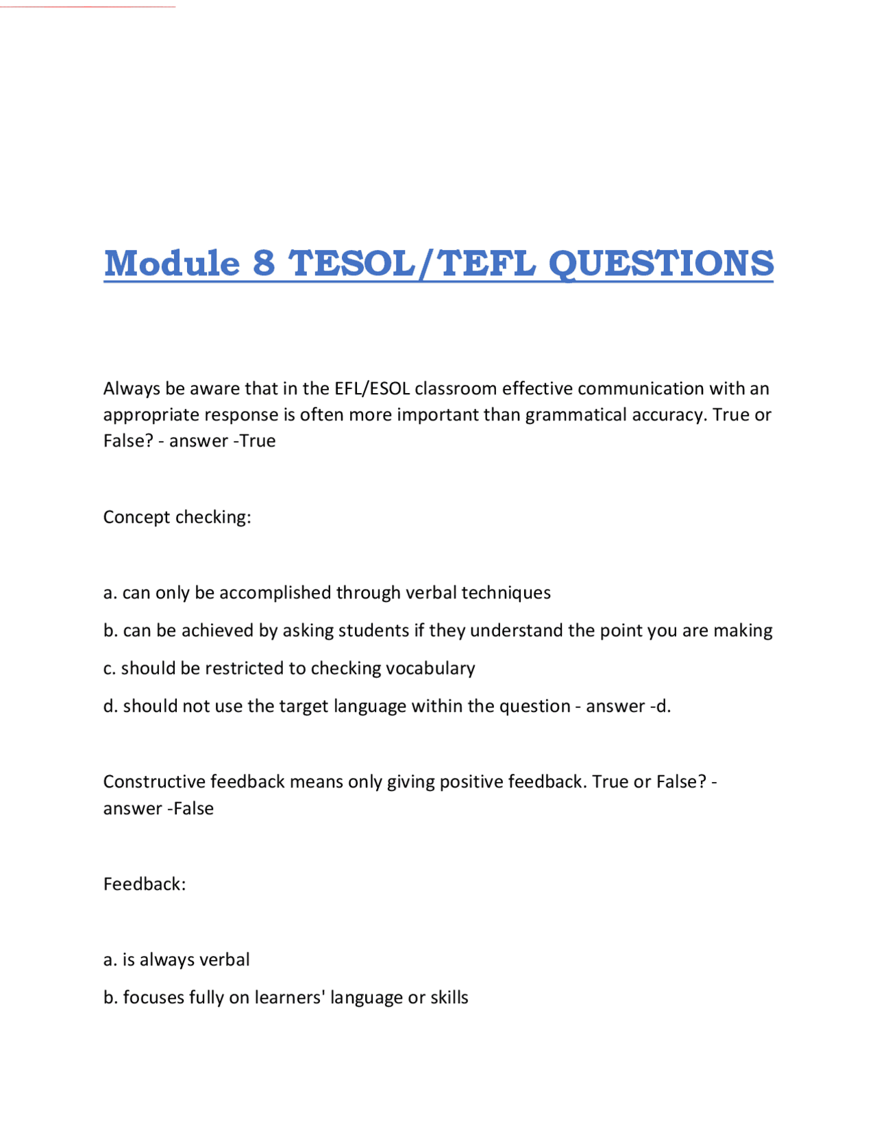 Module 8 TESOL-TEFL QUESTIONS .pdf | Exams Nursing | Docsity