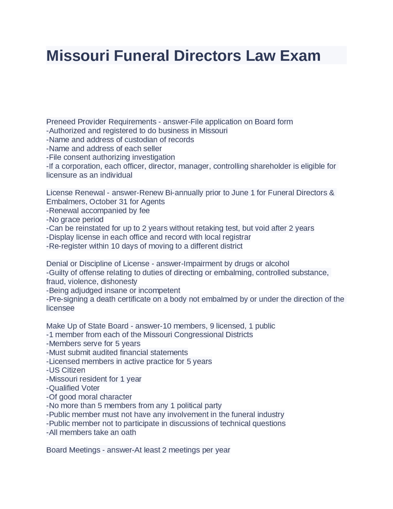 Missouri Funeral Director Law Exam Study Guide | Exams Advanced Education | Docsity