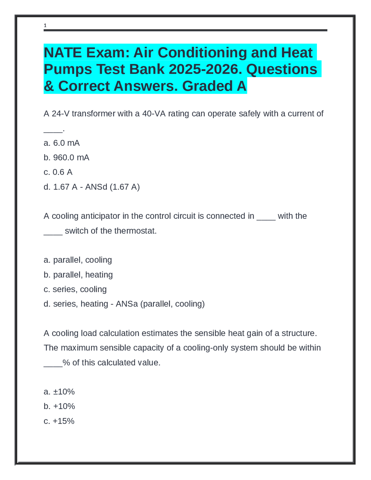 NATE Exam: Air Conditioning and Heat Pumps Test Bank 2025-2026 ...