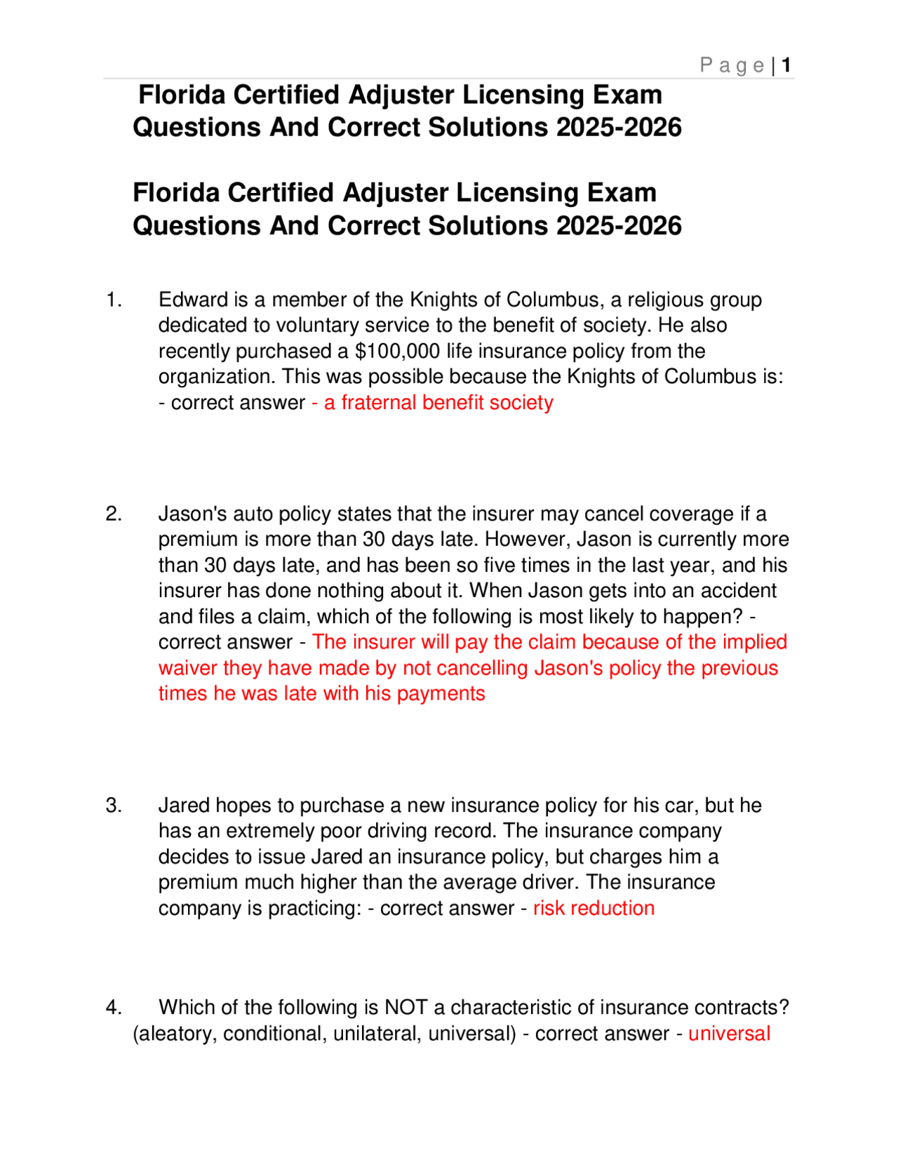 Florida Adjuster Licensing Exam Q&A 2025-2026 | Exams Nursing | Docsity