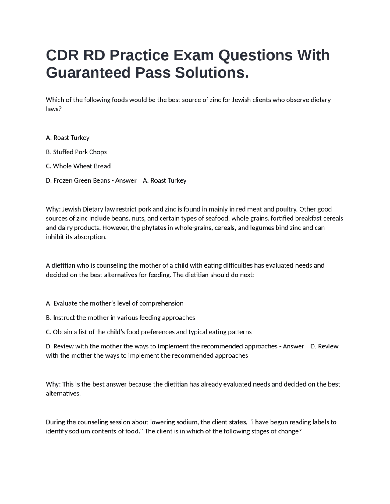 CDR RD Practice Exam Questions With Guaranteed Pass Solutions. | Exams ...