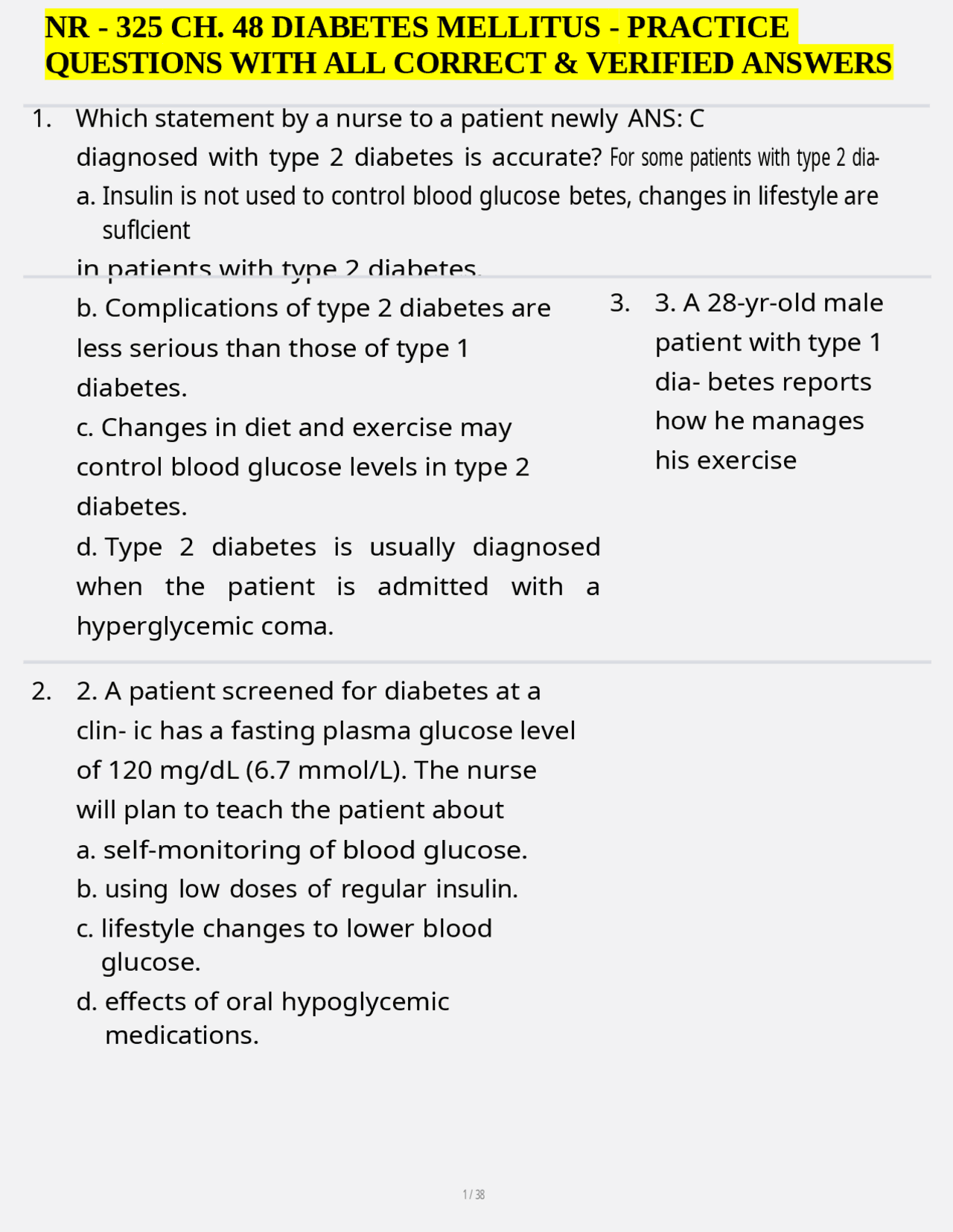 NR - 325 CH. 48 DIABETES MELLITUS - PRACTICE QUESTIONS WITH ALL CORRECT ...