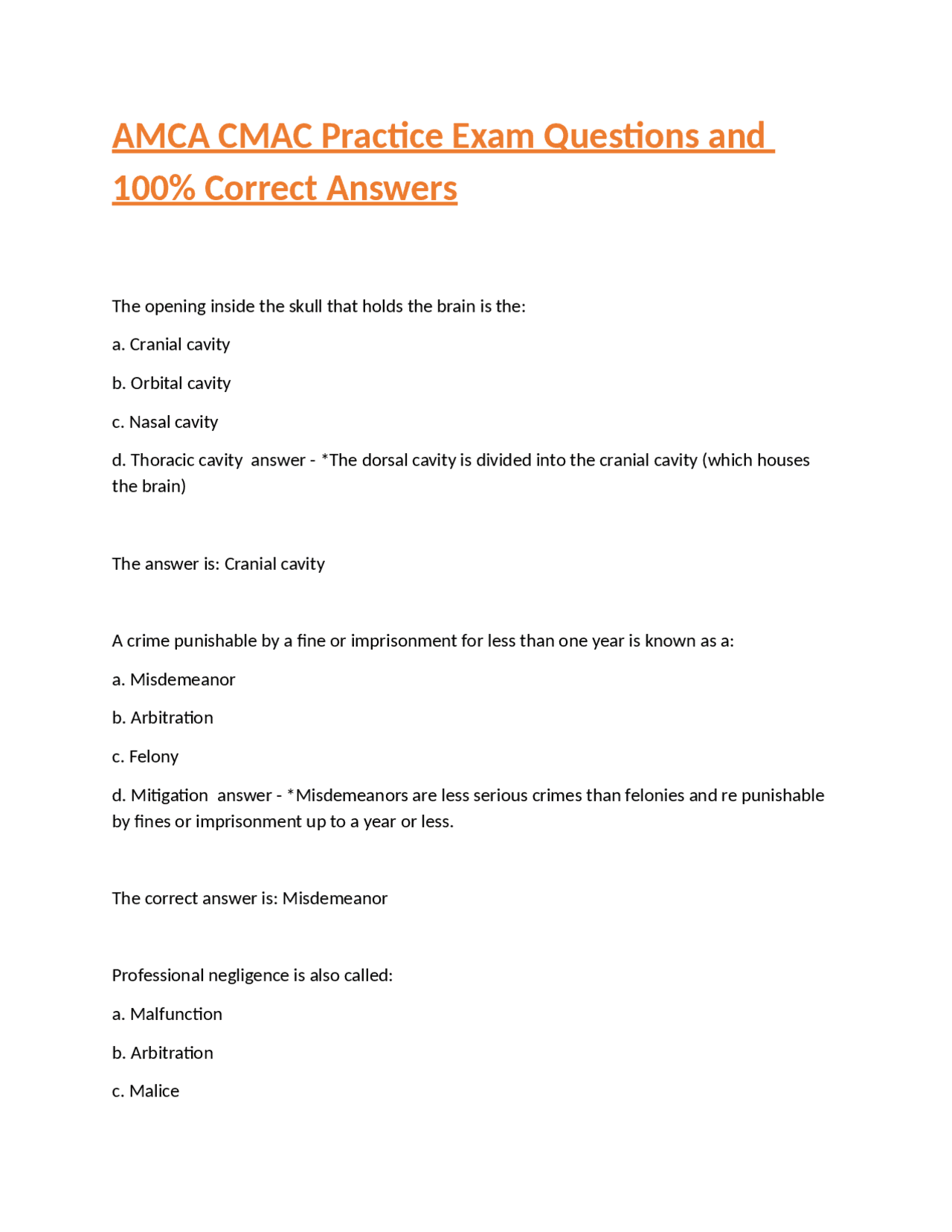 AMCA CMAC Medical Assistant Practice Exam: Questions and Answers ...