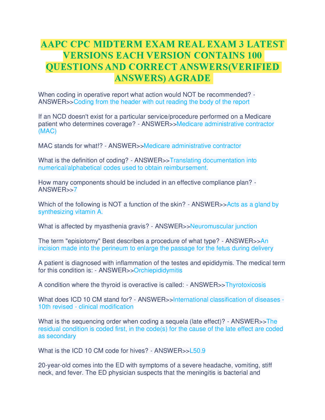 AAPC CPC Exam Prep: 100 Verified Medical Coding Questions and Answers ...