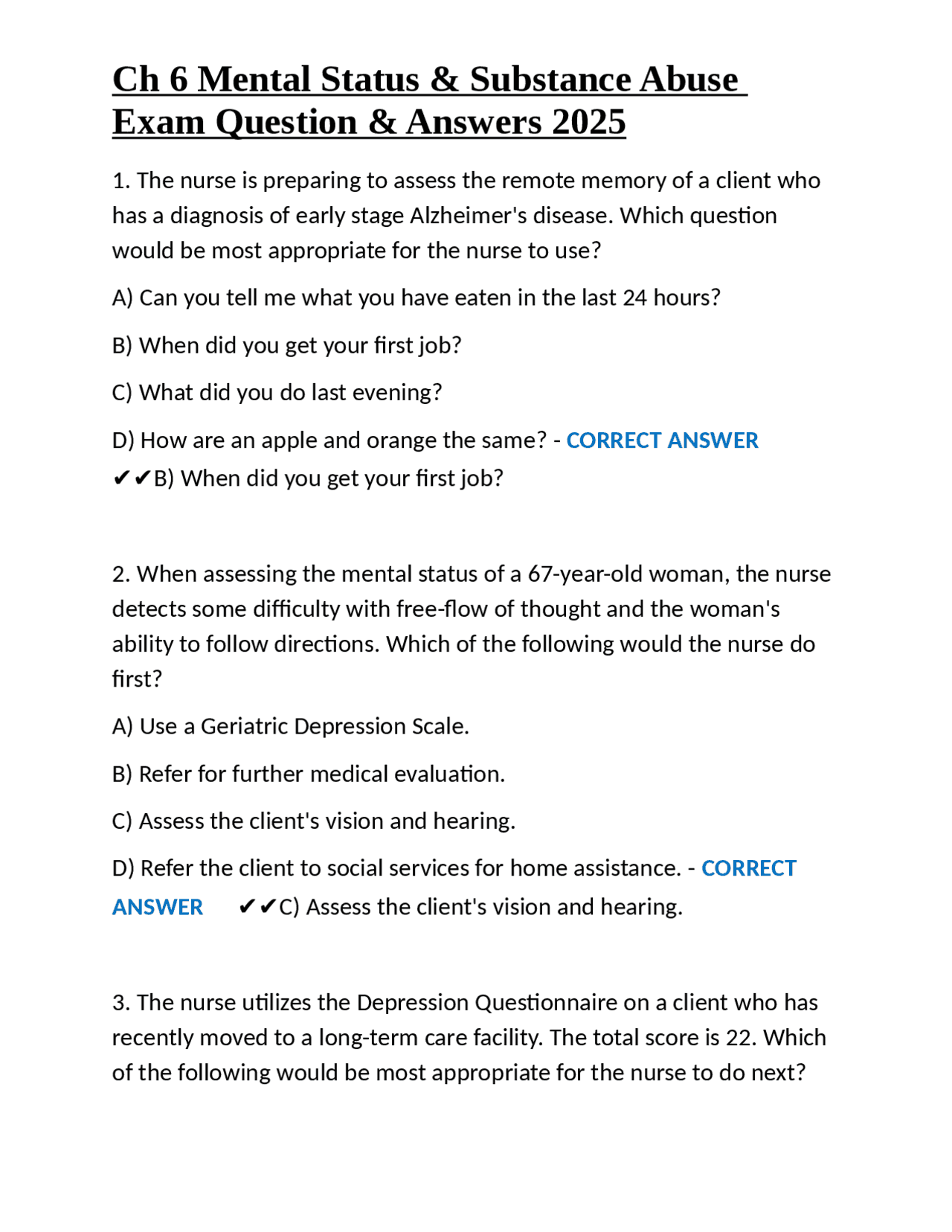 Ch 6 Mental Status & Substance Abuse Exam Question & Answers 2025 ...