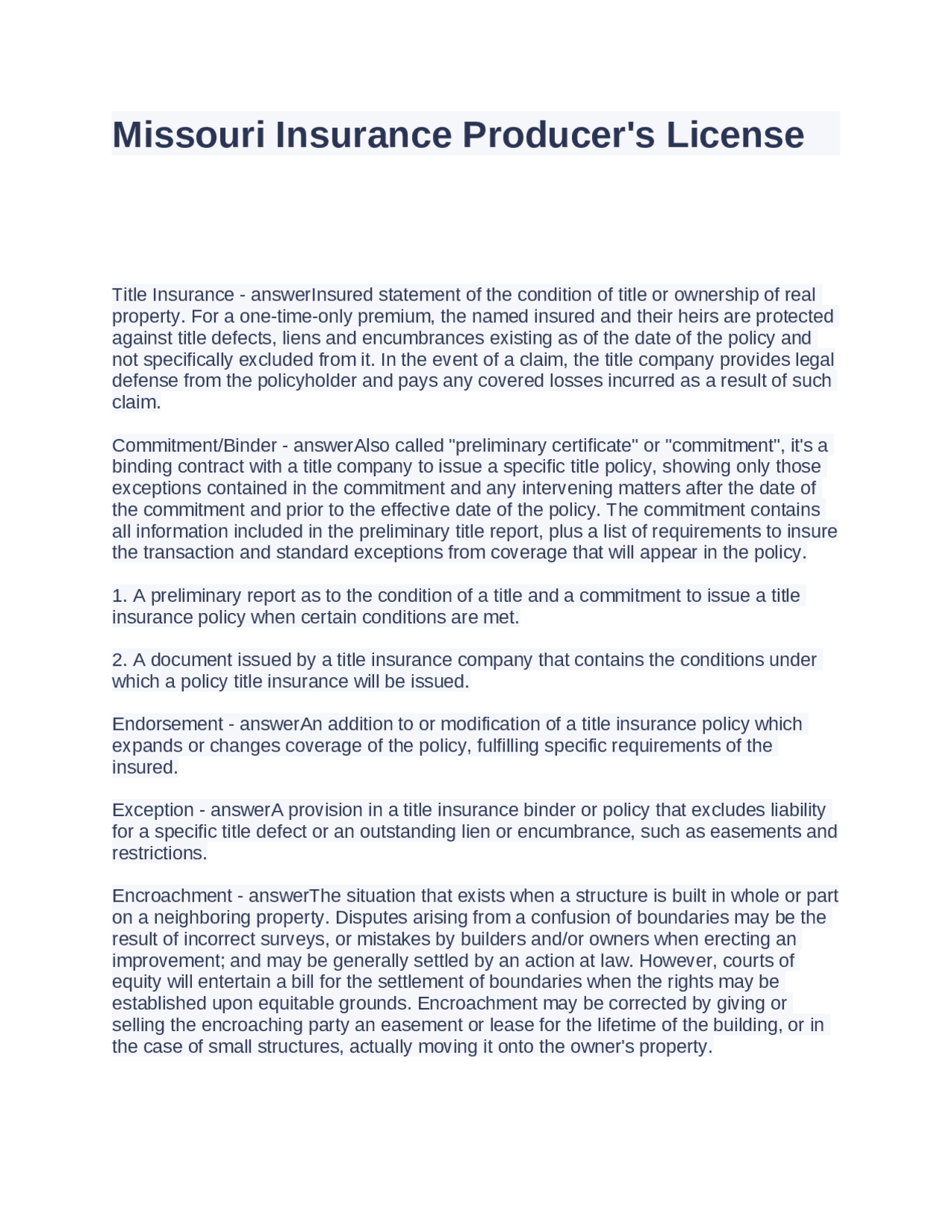Missouri Insurance Producer's License Questions and Answers Rated A+ ...