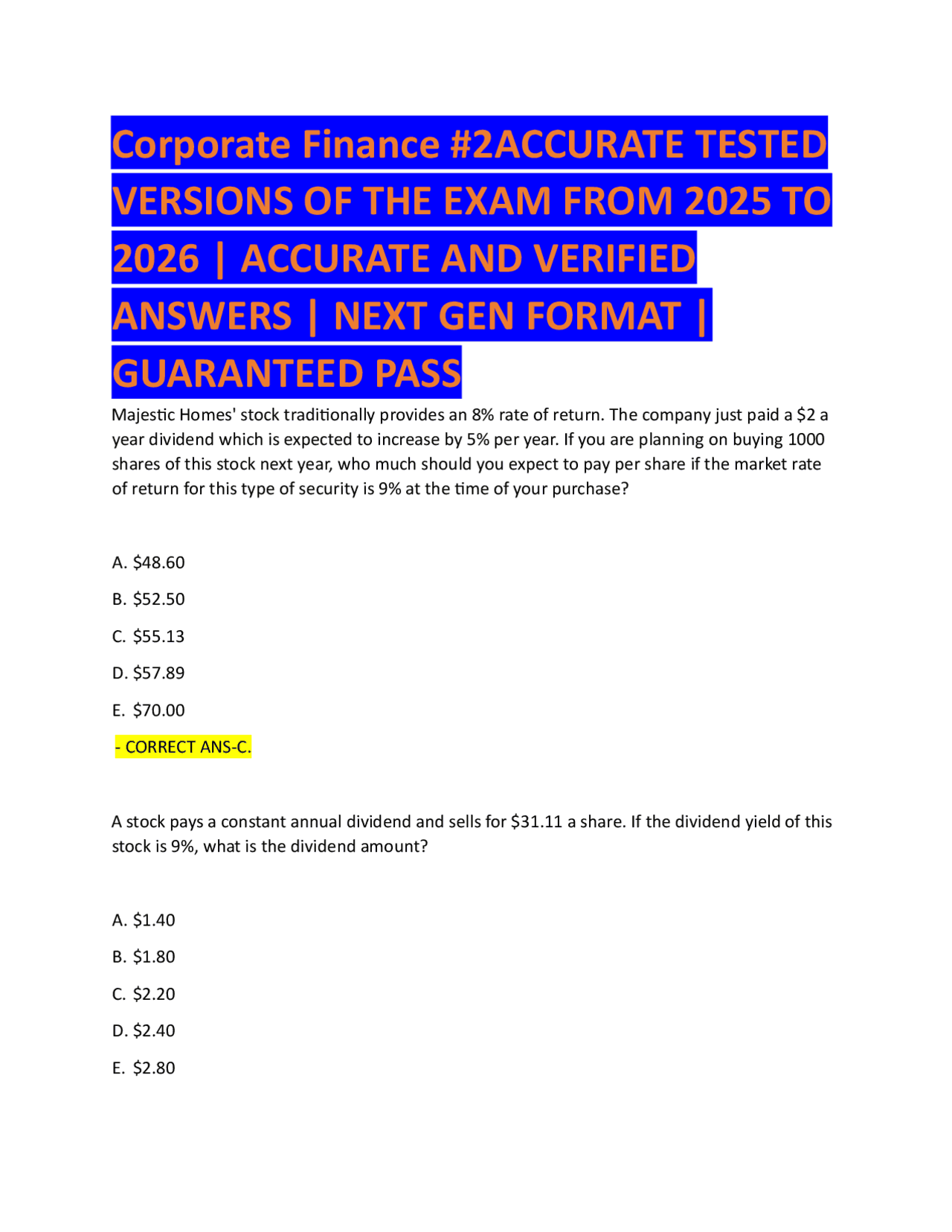 Corporate Finance Exam Questions and Answers: 2025-2026 | Exams ...