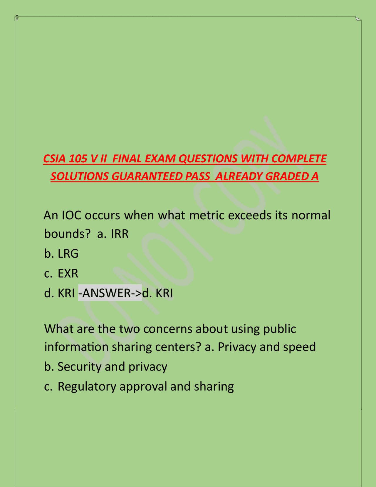 CSIA 105 V II FINAL EXAM QUESTIONS WITH COMPLETE SOLUTIONS GUARANTEED ...