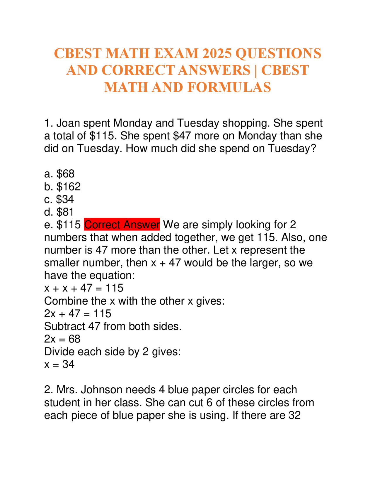 CBEST MATH EXAM 2025 QUESTIONS AND CORRECT ANSWERS | CBEST MATH AND ...