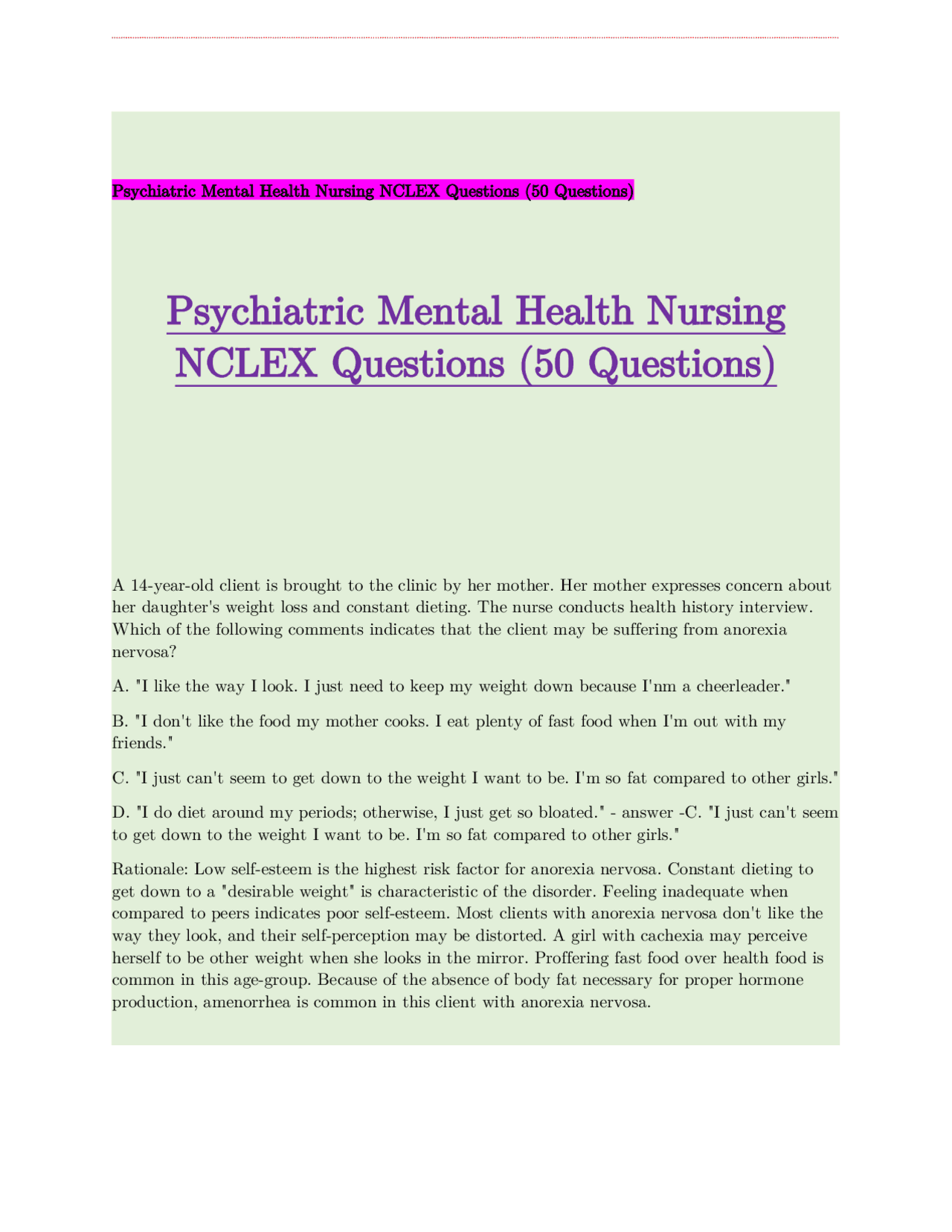 Psychiatric Mental Health Nursing NCLEX Questions (50 Questions).docx ...