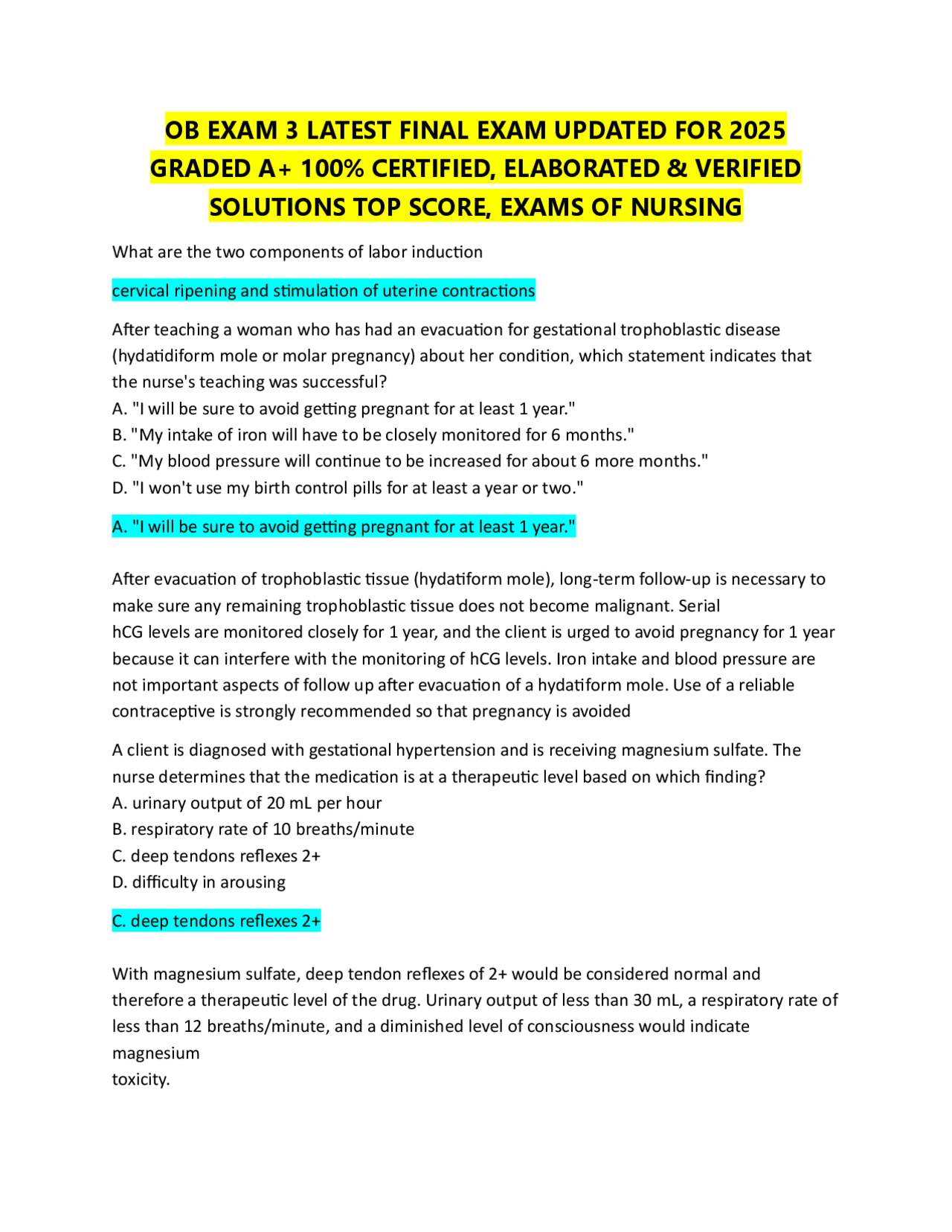 OB EXAM 3 LATEST FINAL EXAM UPDATED FOR 2025 GRADED A+ 100% CERTIFIED ...