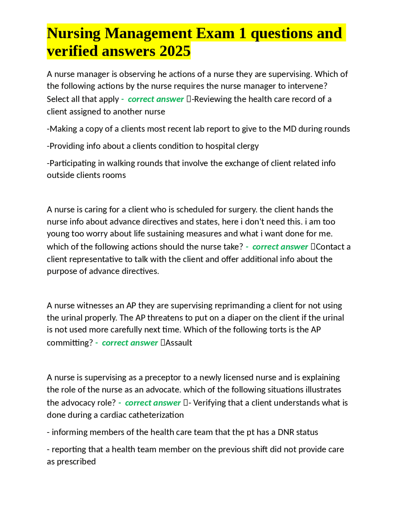 Nursing Management Exam 1: Ethics and Legal Questions with Verified ...