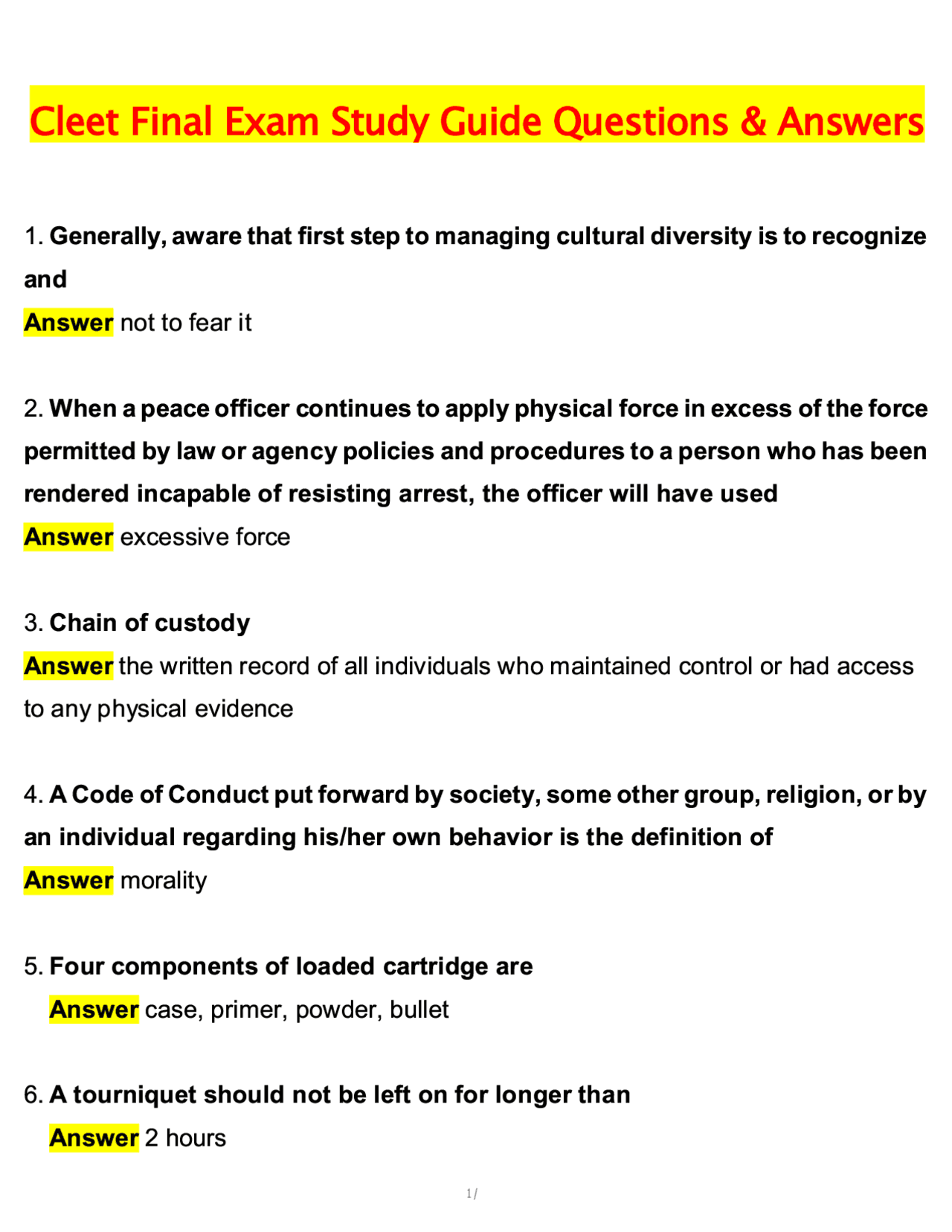 CLEET Final Exam Study Guide (Latest 2025 / 2026 Update) Questions ...