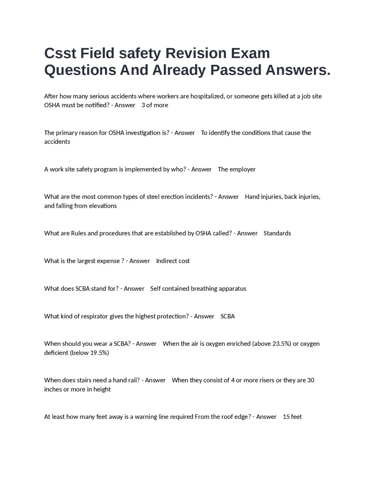 Csst Field safety Revision Exam Questions And Already Passed Answers ...