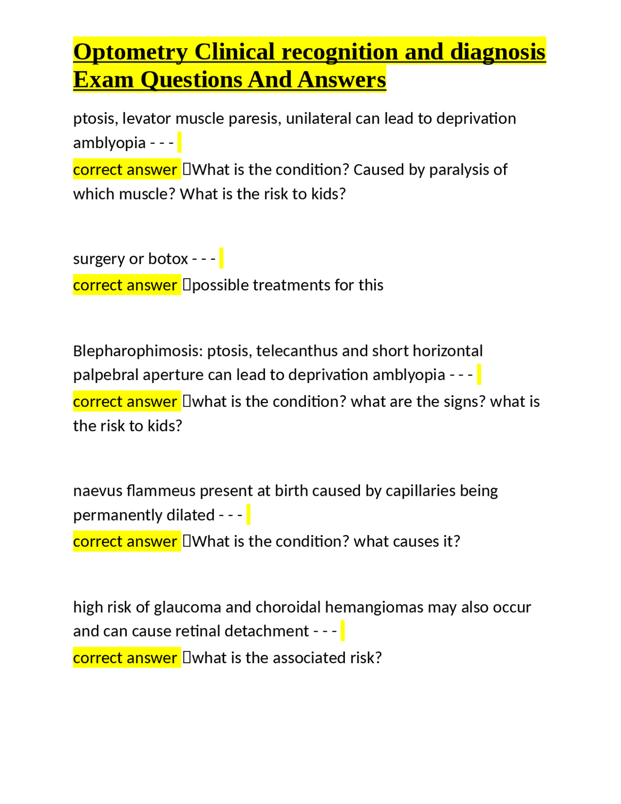 Optometry Clinical recognition and diagnosis Exam Questions And Answers ...