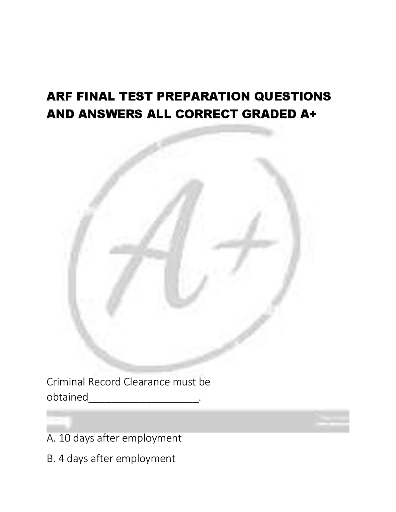 ARF FINAL TEST PREPARATION QUESTIONS AND ANSWERS ALL CORRECT GRADED A+ ...