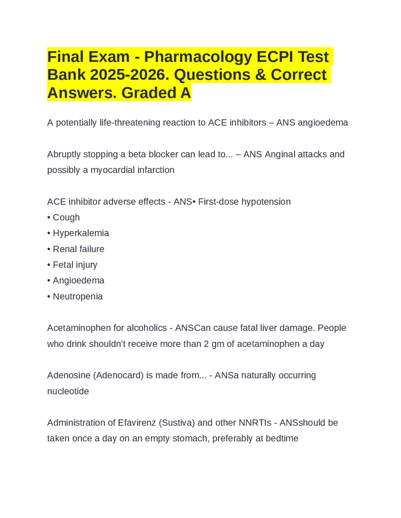 Final Exam - Pharmacology ECPI Test Bank 2025-2026. Questions & Correct ...