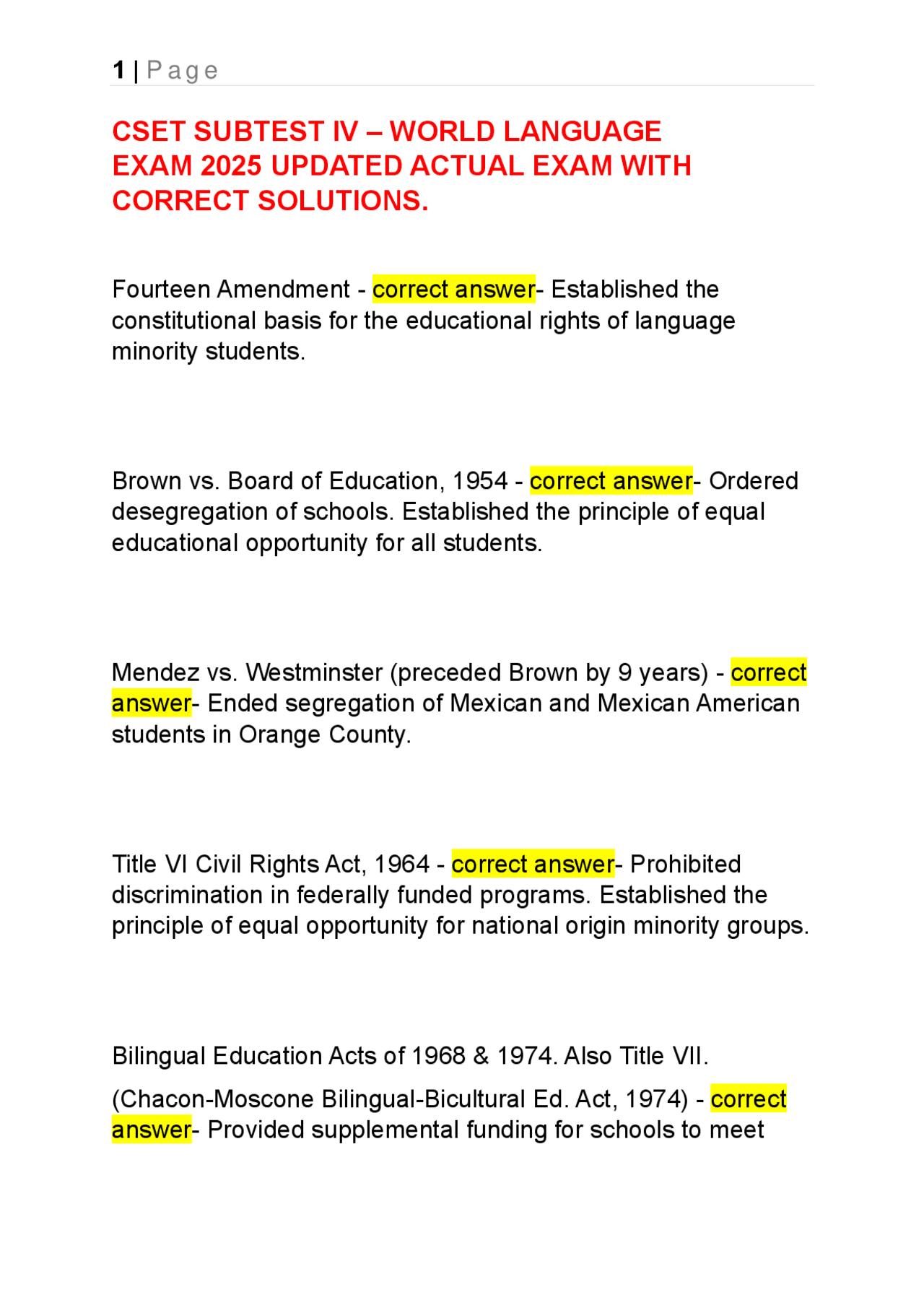 CSET SUBTEST IV – WORLD LANGUAGE EXAM 2025 UPDATED ACTUAL EXAM WITH ...