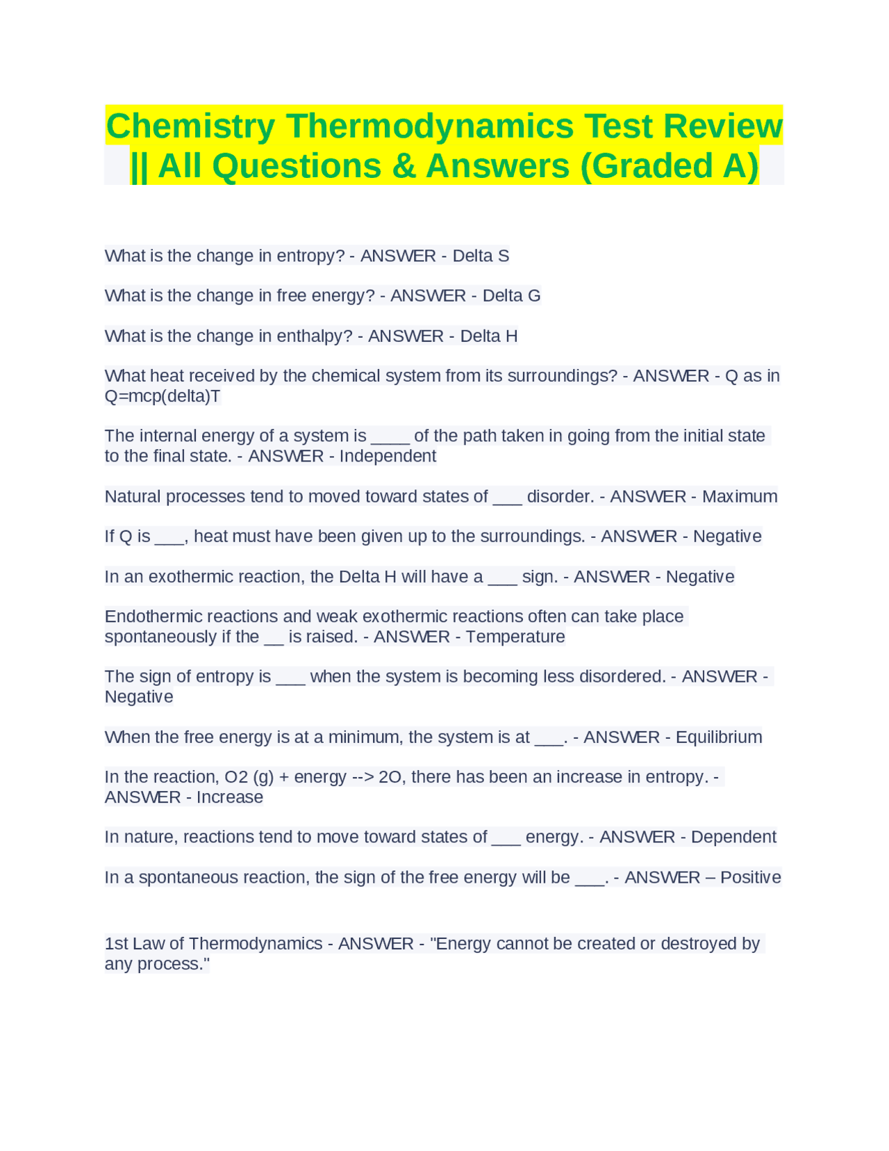 Chemistry Thermodynamics Test Review || All Questions & Answers (Graded ...