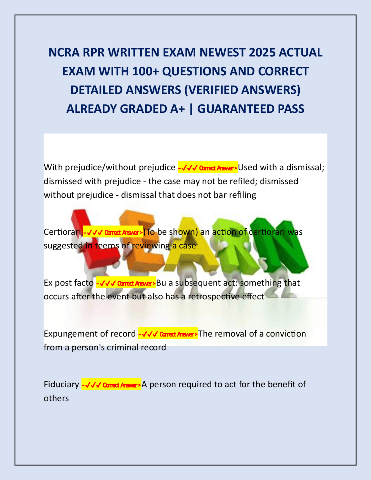 NCRA RPR WRITTEN EXAM NEWEST 2025 ACTUAL EXAM WITH 100+ QUESTIONS AND ...
