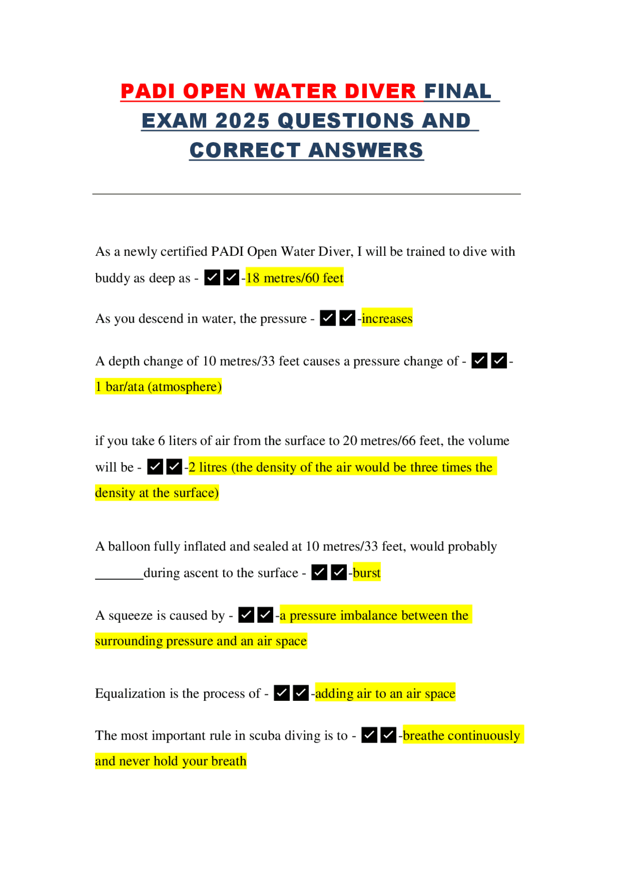 PADI Open Water Diver – Final Exam 2025 – Complete Set of Questions and ...