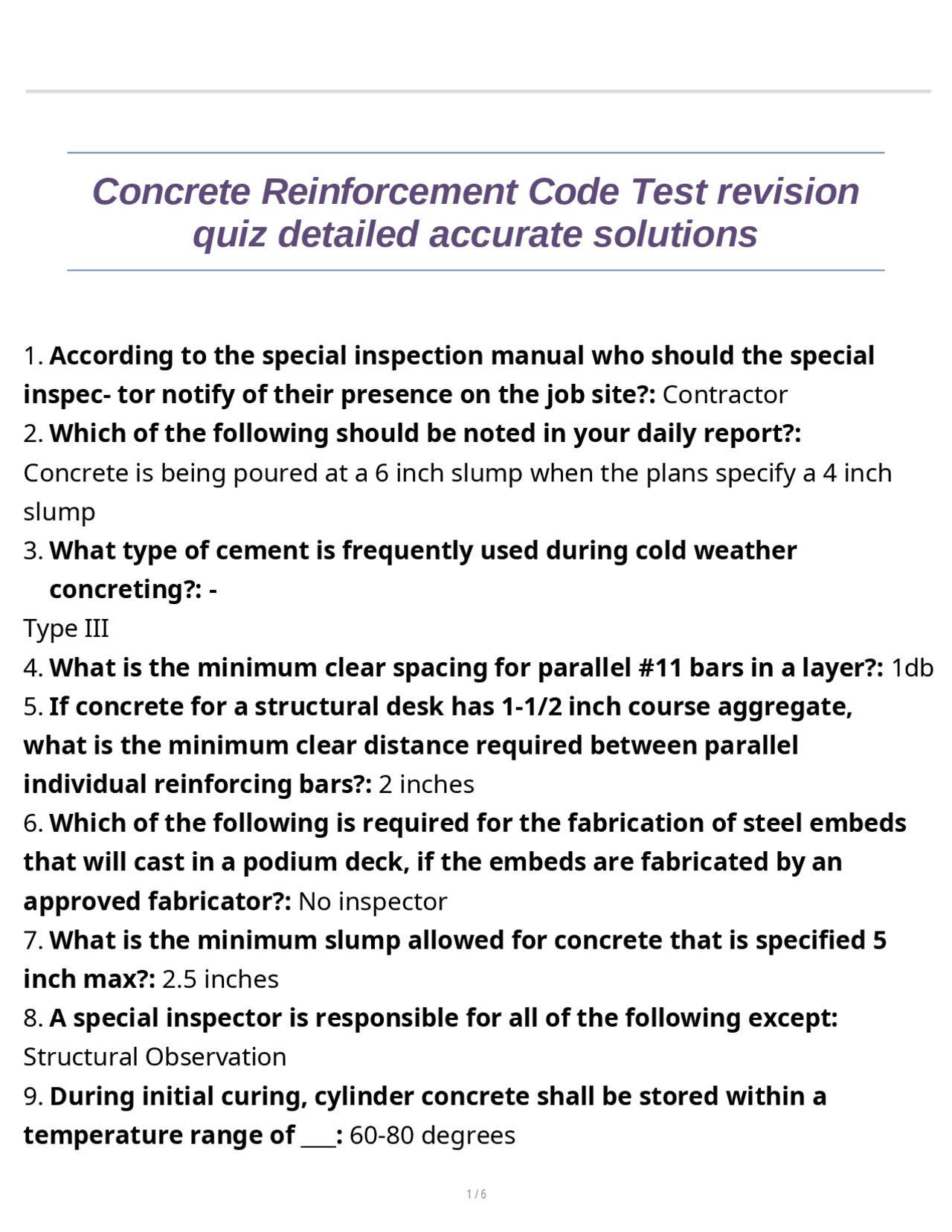 Concrete Reinforcement Code Test revision quiz detailed accurate ...