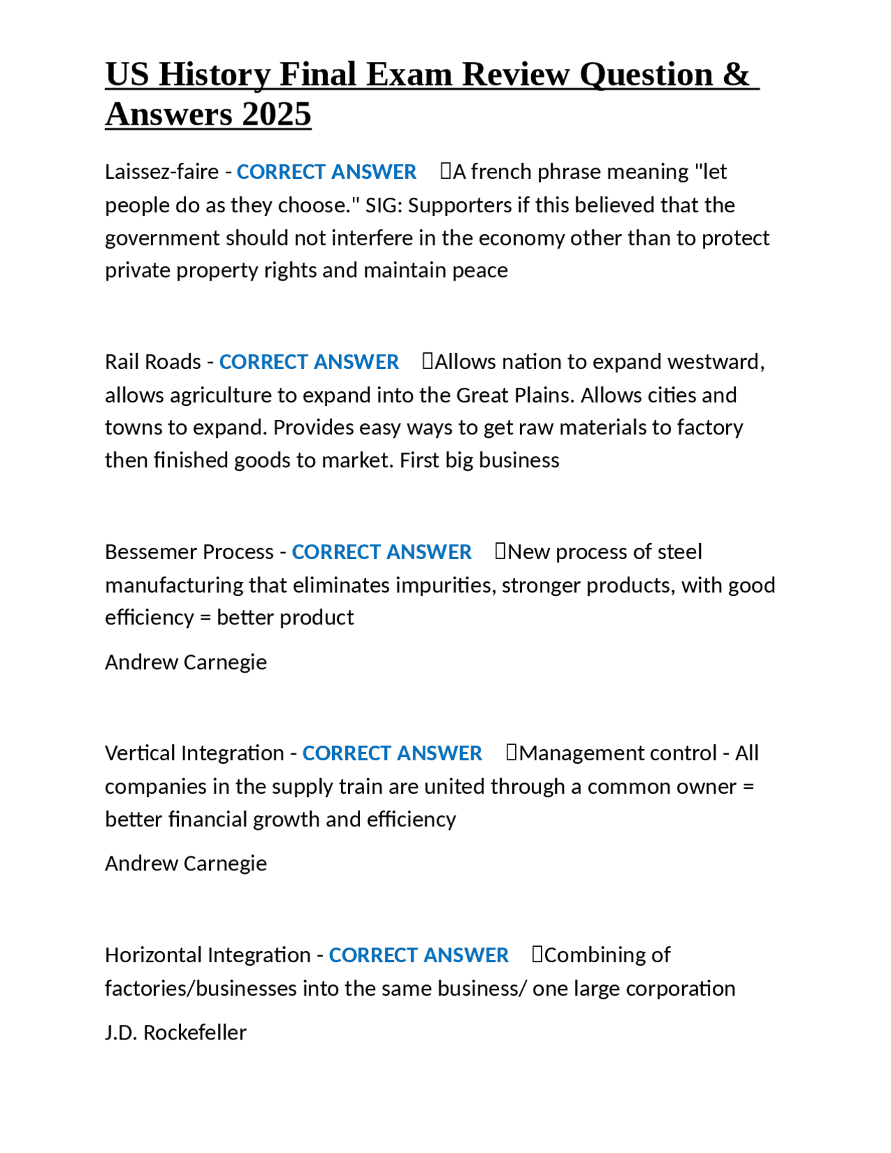 US History Final Exam Review Question & Answers 2025 | Exams Nursing ...