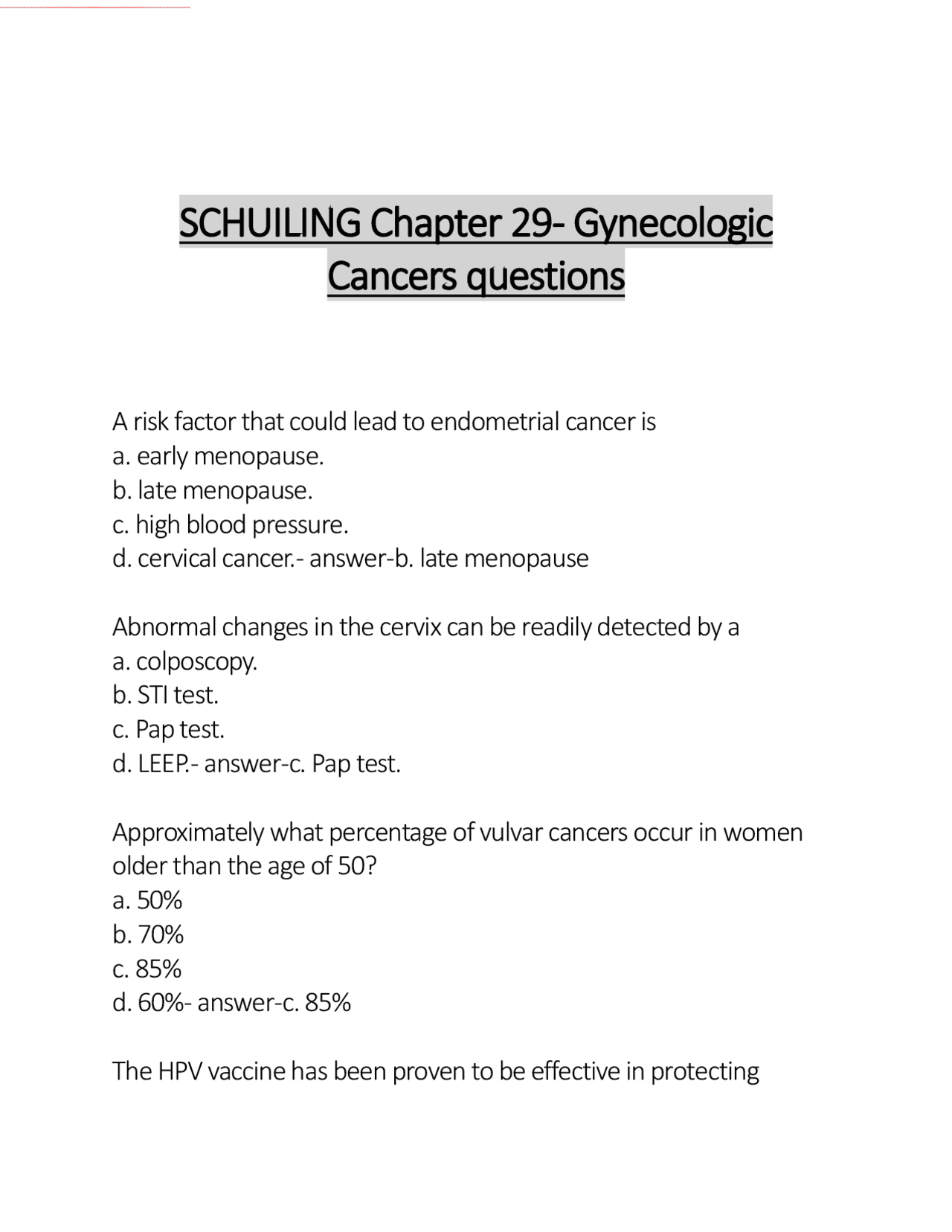 SCHUILING Chapter 29- Gynecologic Cancers questions.pdf | Exams Nursing ...