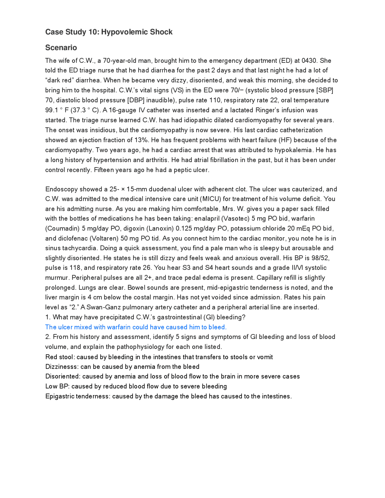 Case Study 10 Hypovolemic Shock The wife of C.W. 70-year-old man ...