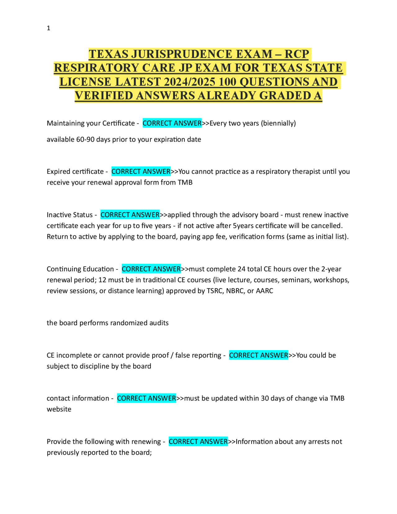 TEXAS JURISPRUDENCE EXAM – RCP RESPIRATORY CARE JP EXAM FOR TEXAS STATE ...