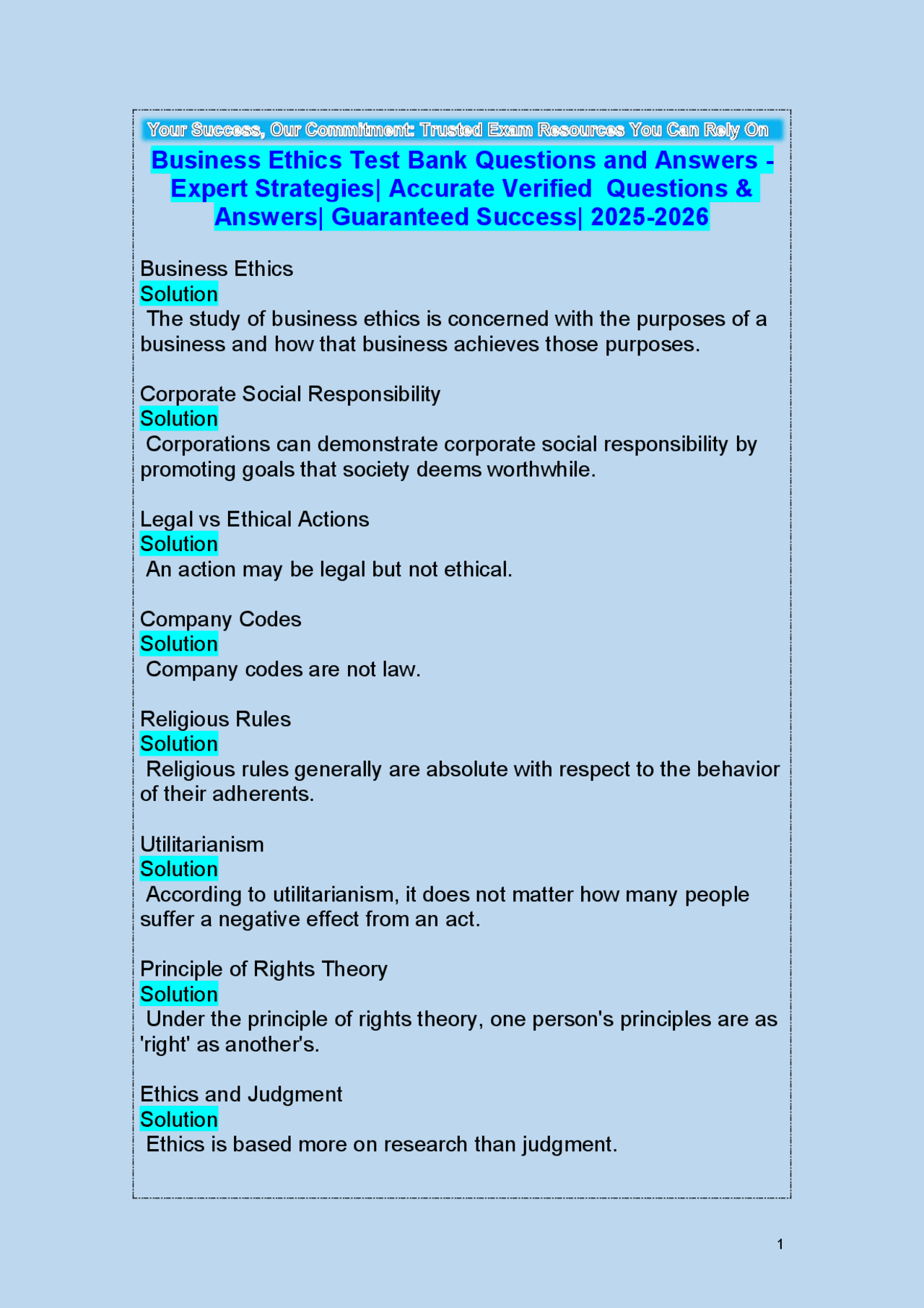 Business Ethics Test Bank Questions and Answers - Expert Strategies ...