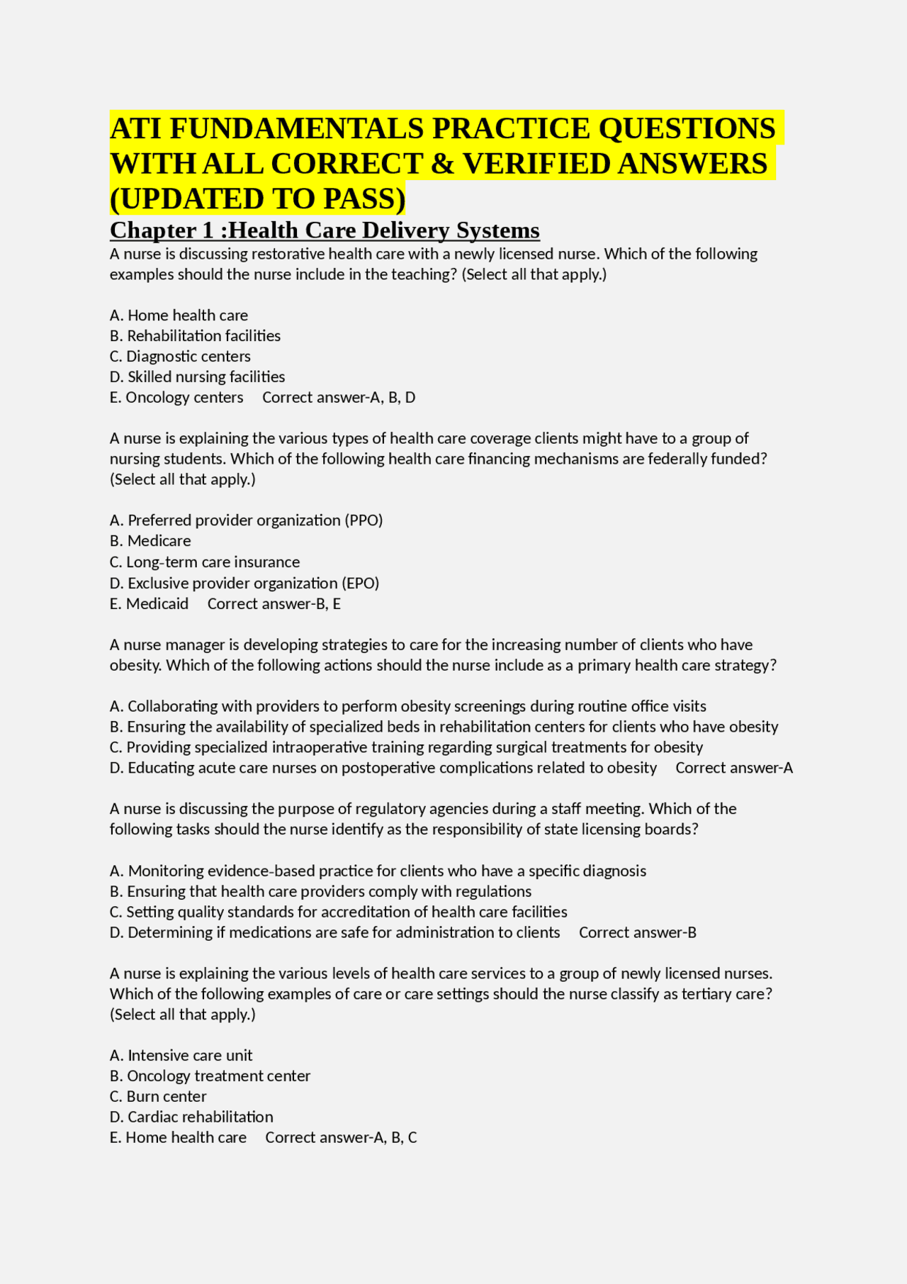 ATI FUNDAMENTALS PRACTICE QUESTIONS WITH ALL CORRECT & VERIFIED ANSWERS ...