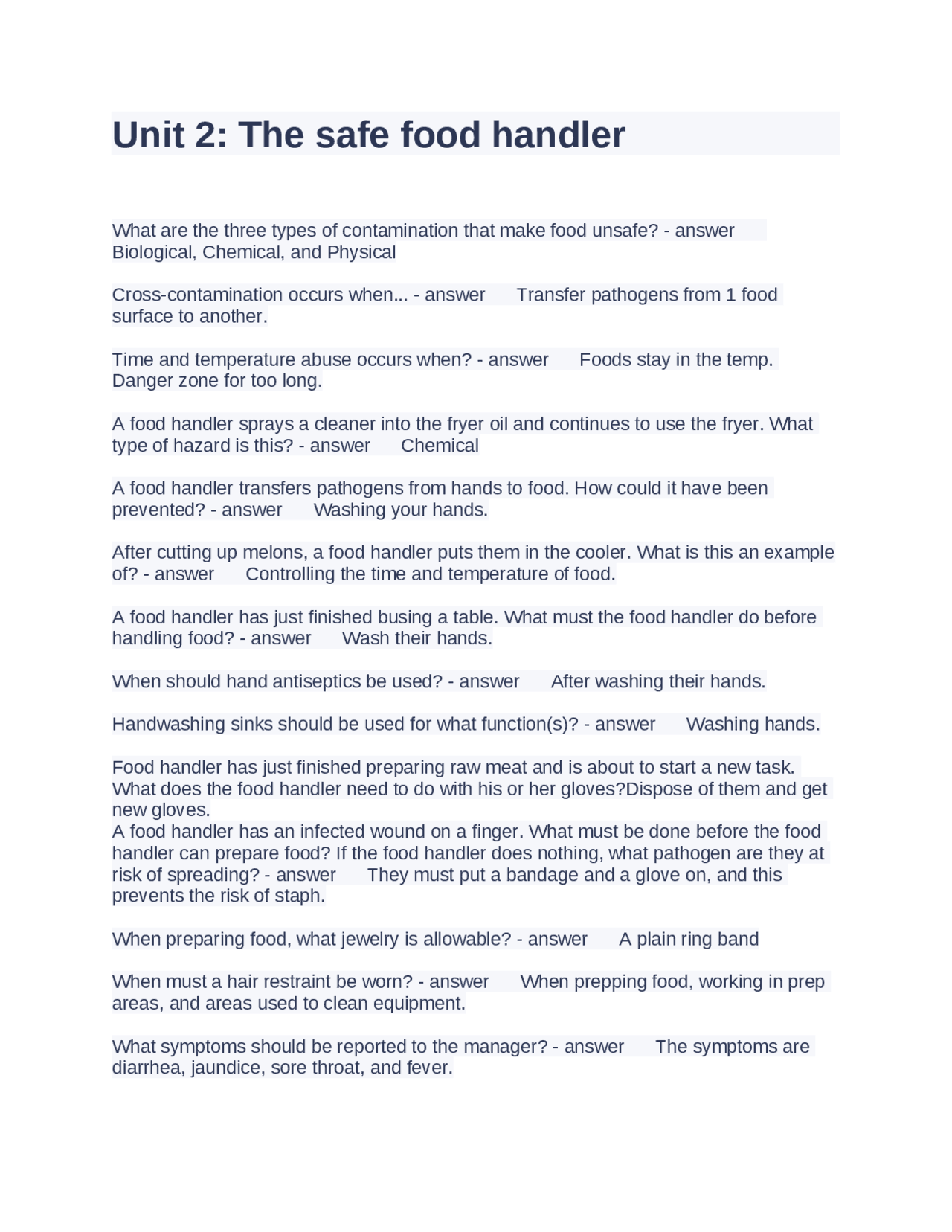 Unit 2. The safe food handler Questions and Answers 100% Correct ...