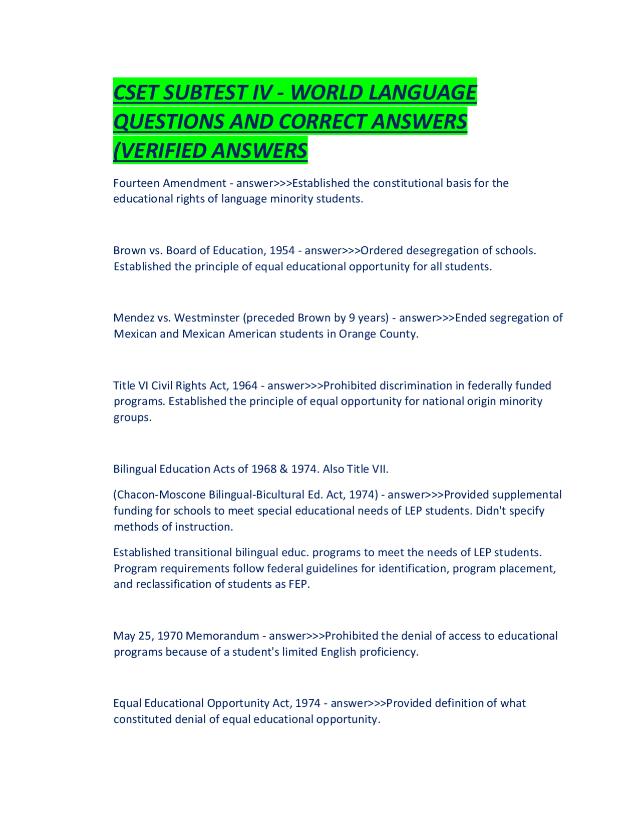 CSET SUBTEST IV - WORLD LANGUAGE QUESTIONS AND CORRECT ANSWERS ...