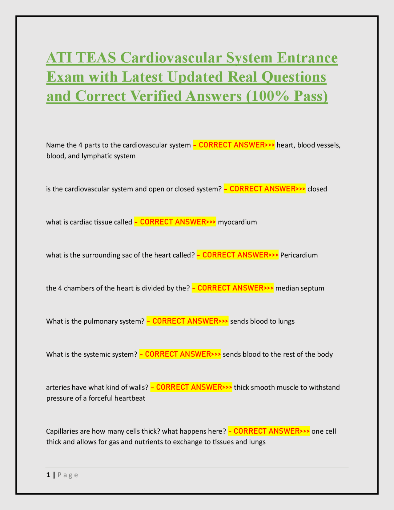 ATI TEAS Cardiovascular System Entrance Exam with Latest Updated Real ...