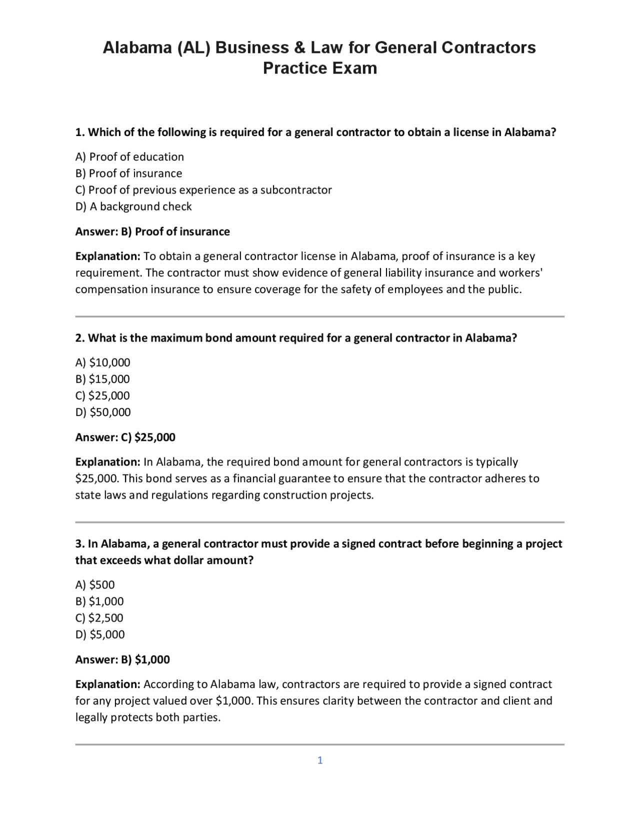 Alabama (AL) Business & Law for General Contractors Practice Exam ...
