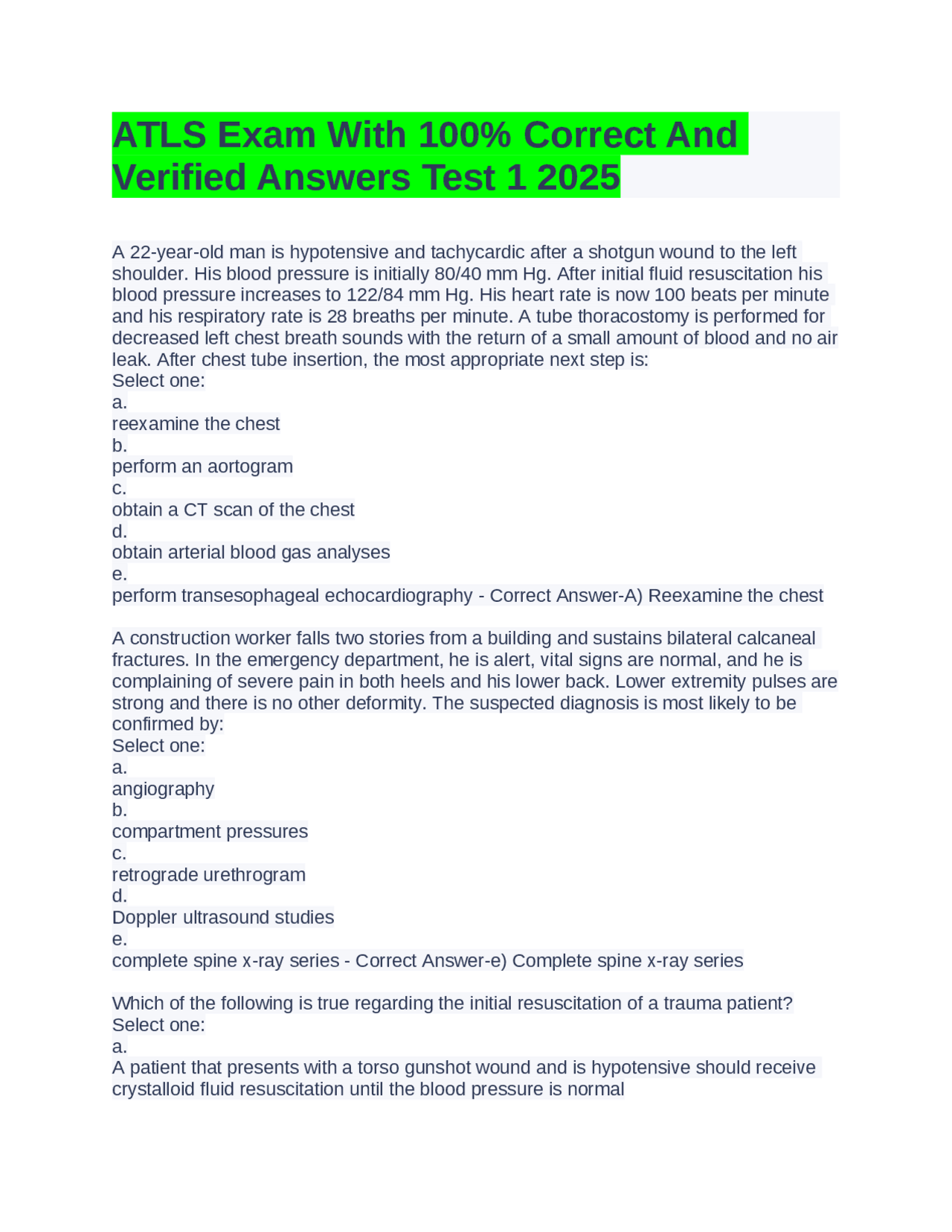 ATLS Exam With 100% Correct And Verified Answers Test 1 2025 | Exams ...