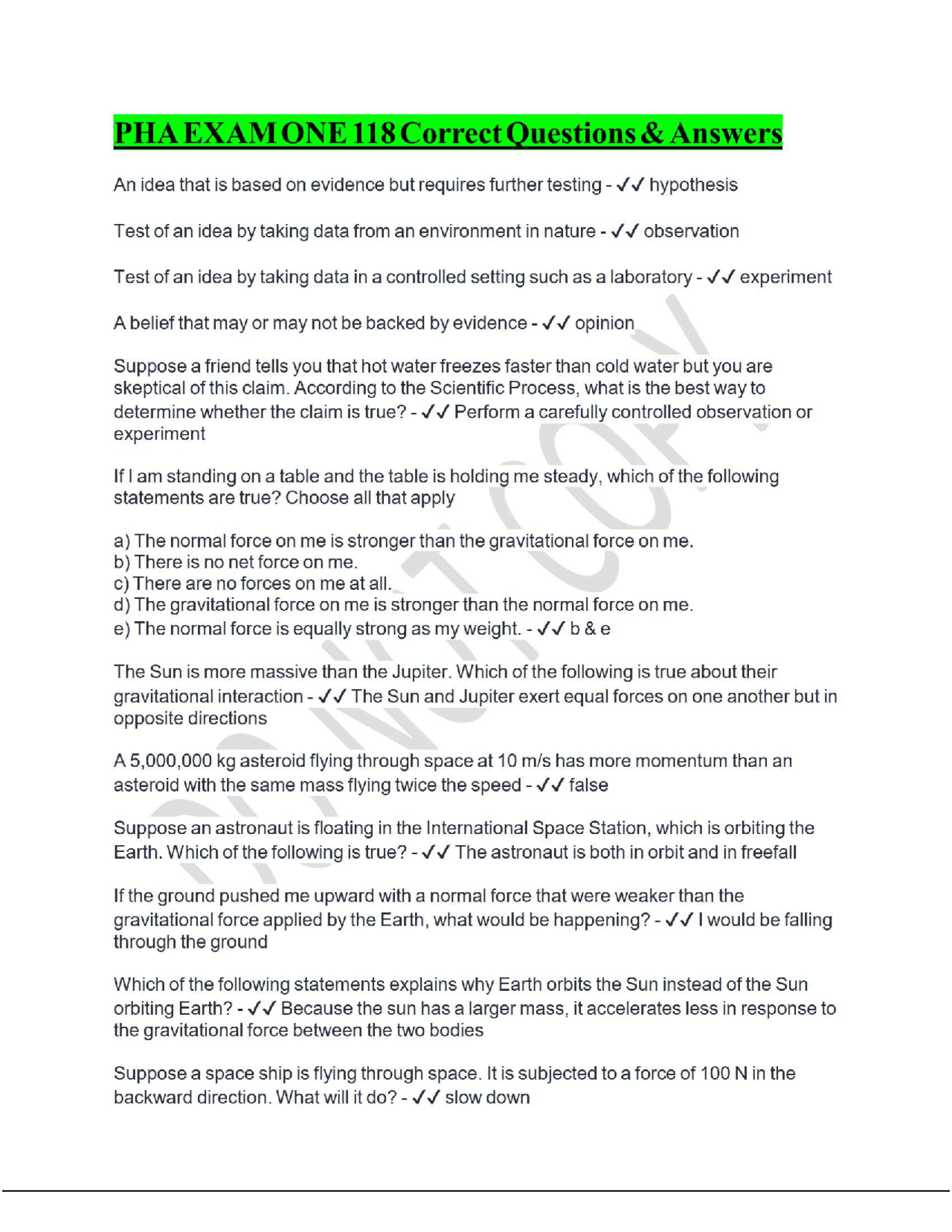 PHA EXAM ONE 118 Correct Questions & Answers | Exams Pharmacology | Docsity