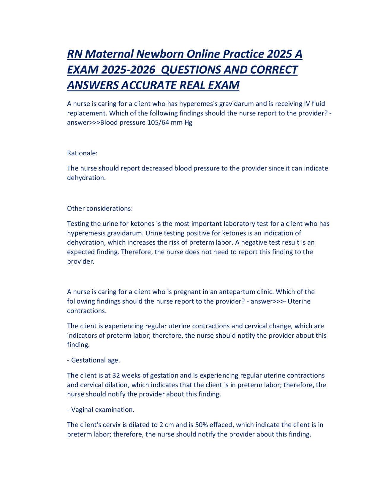 RN Maternal Newborn Online Practice 2025 A – Exam 2025–2026 – Accurate ...