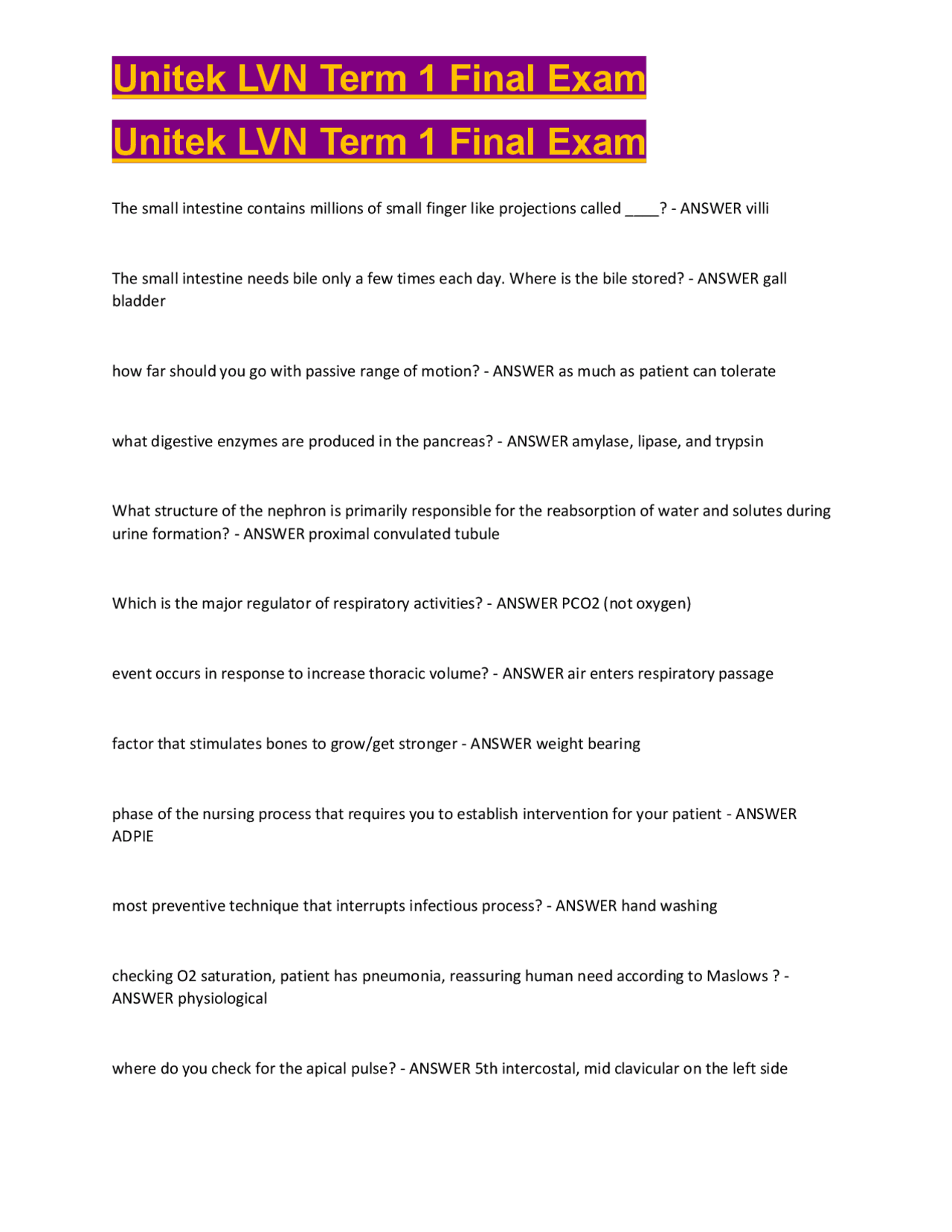 Unitek LVN Term 1 Final Exam | Exams Nursing | Docsity