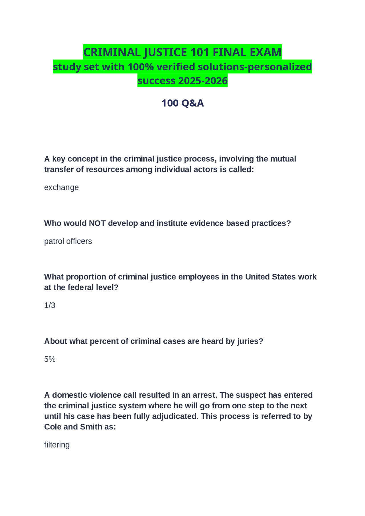CRIMINAL JUSTICE 101 FINAL EXAM study set with 100% verified solutions ...