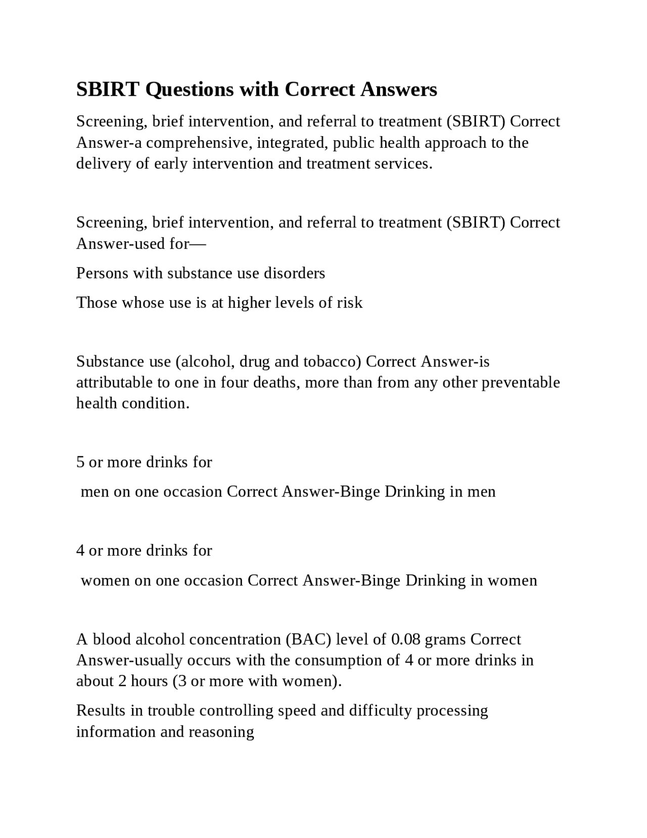 SBIRT Questions with Correct Answers | Exams Nursing | Docsity