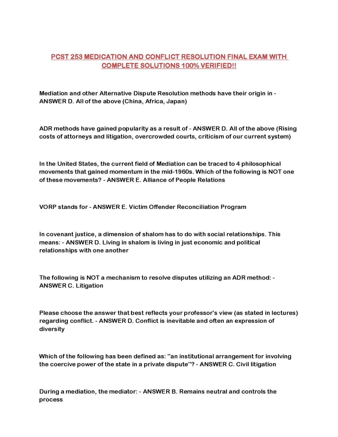 Mediation and Conflict Resolution: A Comprehensive Exam | Exams ...