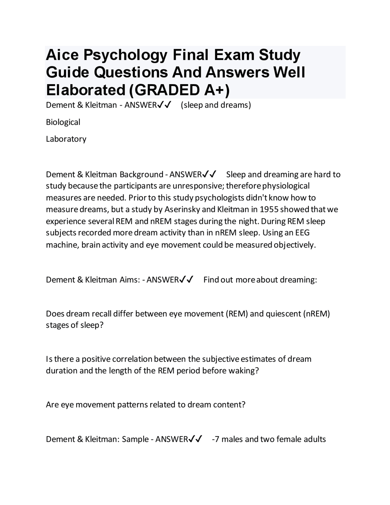 Aice Psychology Final Exam Study Guide Questions And Answers Well ...