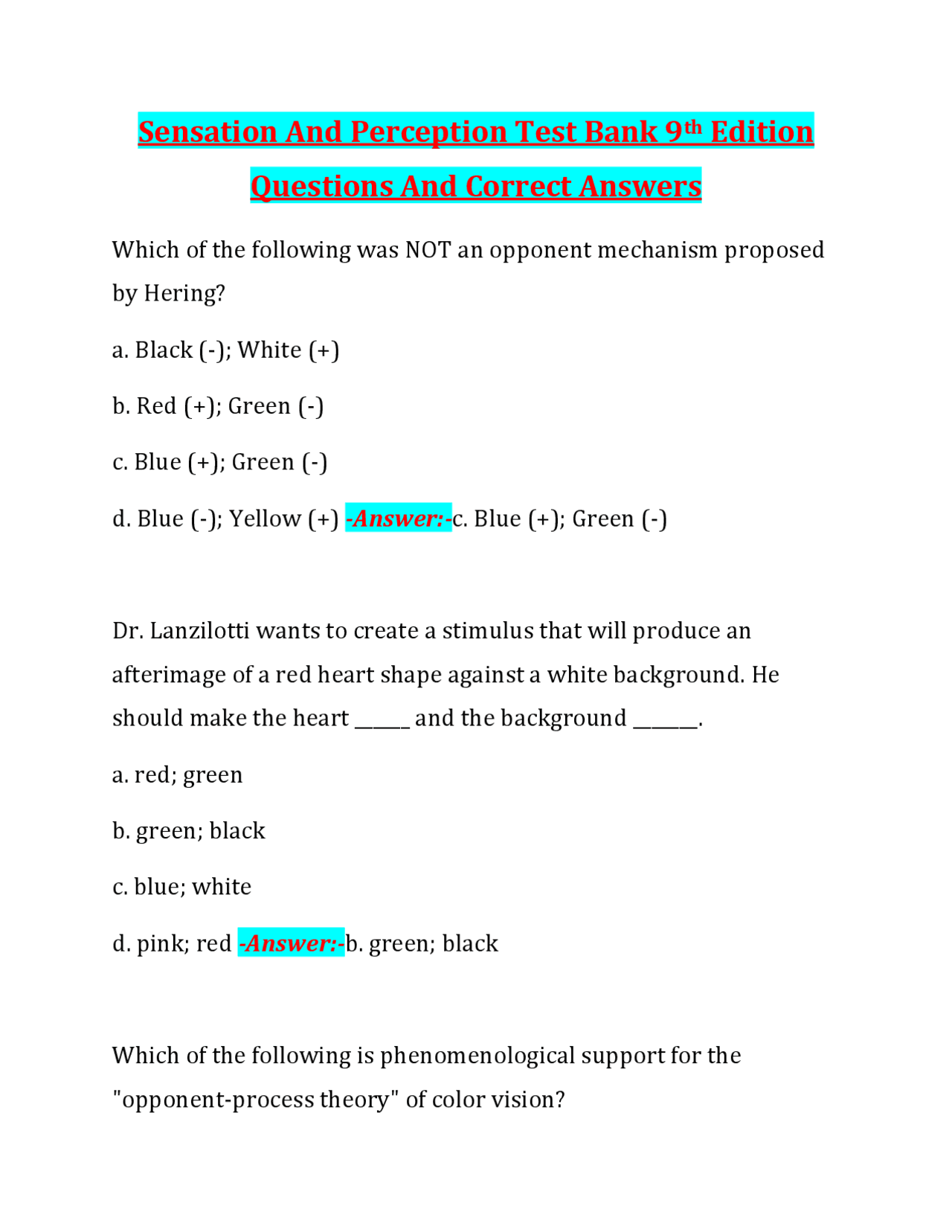 Sensation and Perception: Color Vision Test Bank | Exams Earth Sciences ...